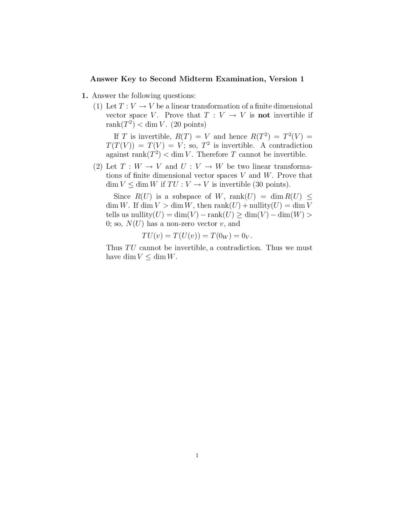 Answer Key to Second Midterm Examination: Linear Algebra | Exams Linear ...