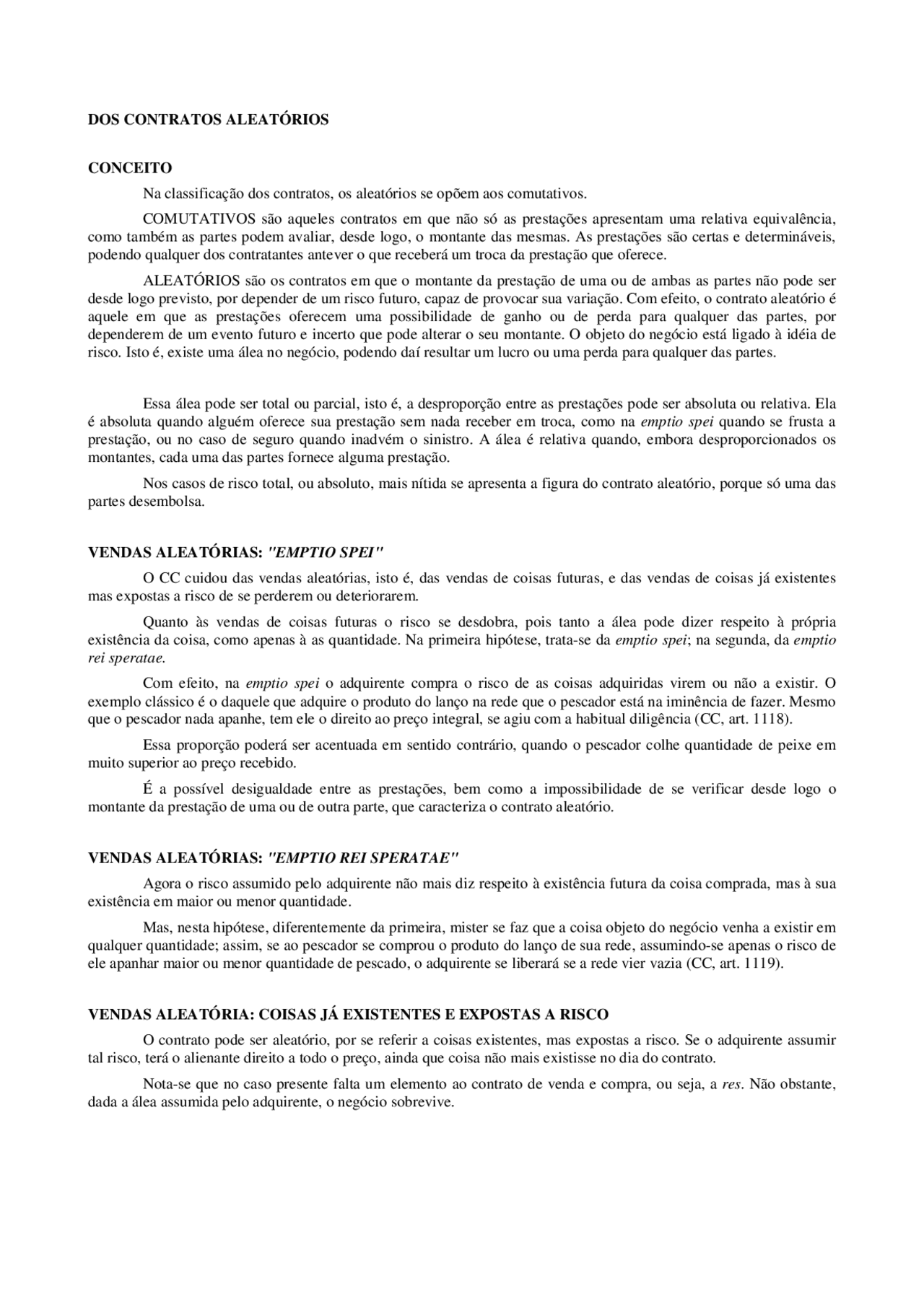 Os Contratos Aleatórios - Docsity