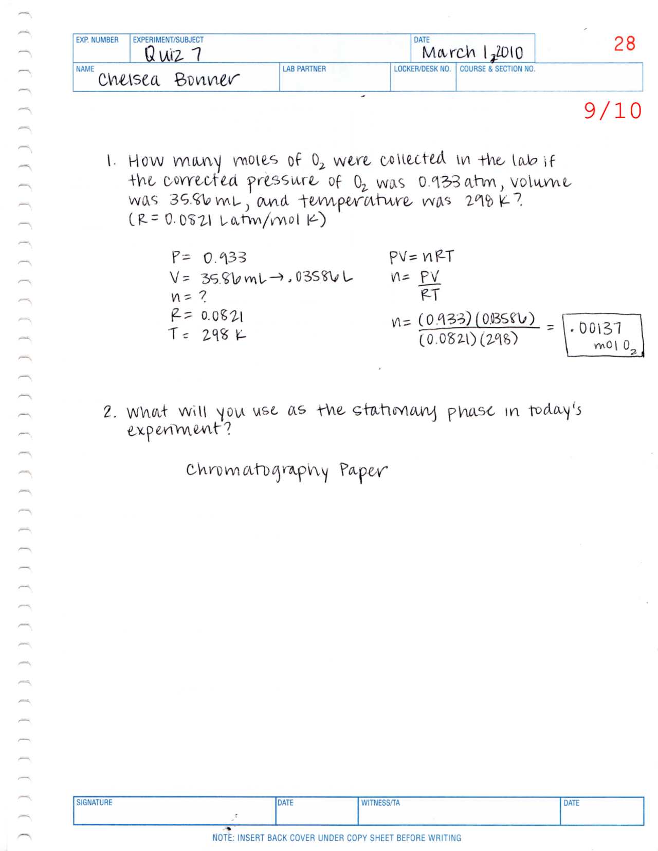 General Chemistry Lab Lab Notebook Quiz 7 Chem 1212 Docsity