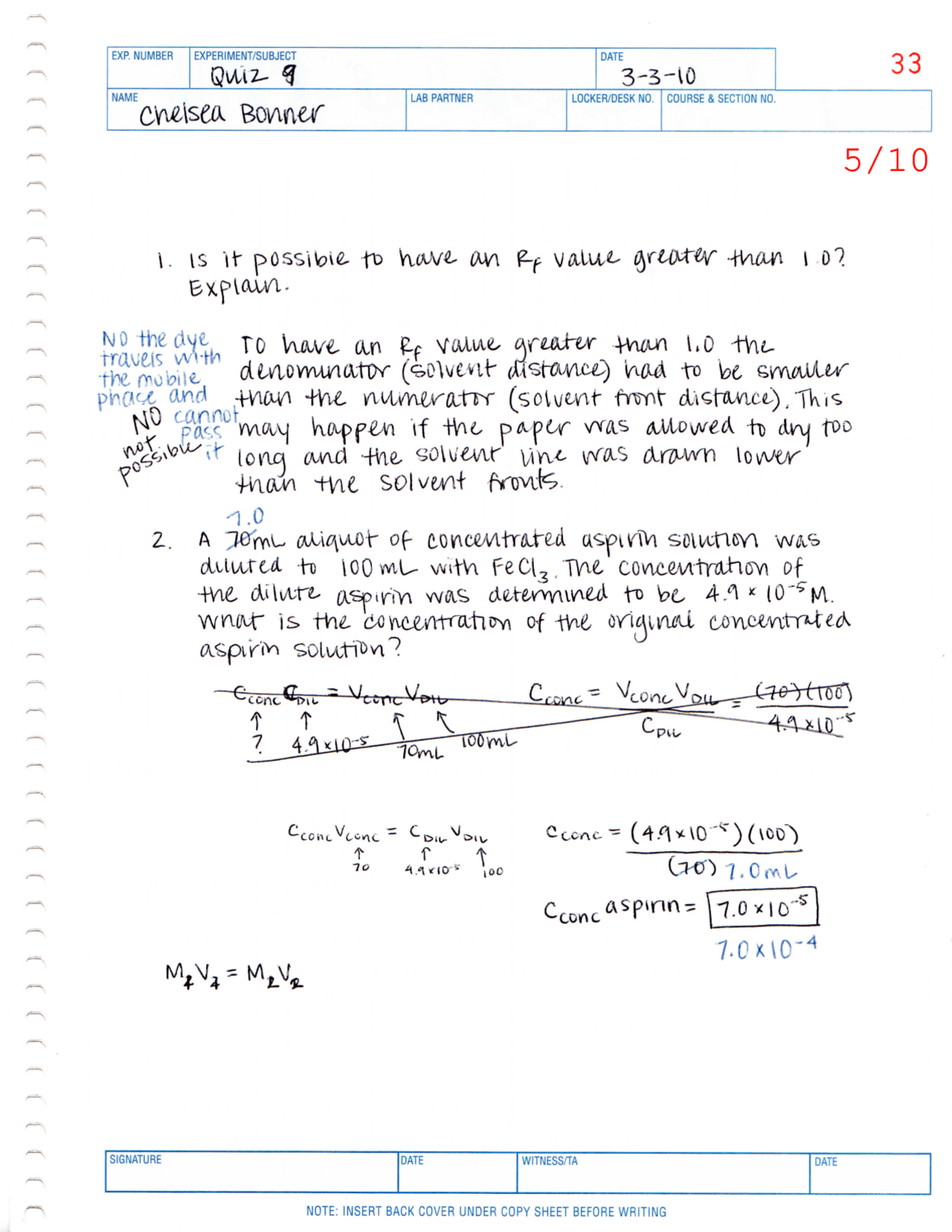 Lab Notebook Quiz 9 General Chemistry Laboratory Chem 1212 Docsity