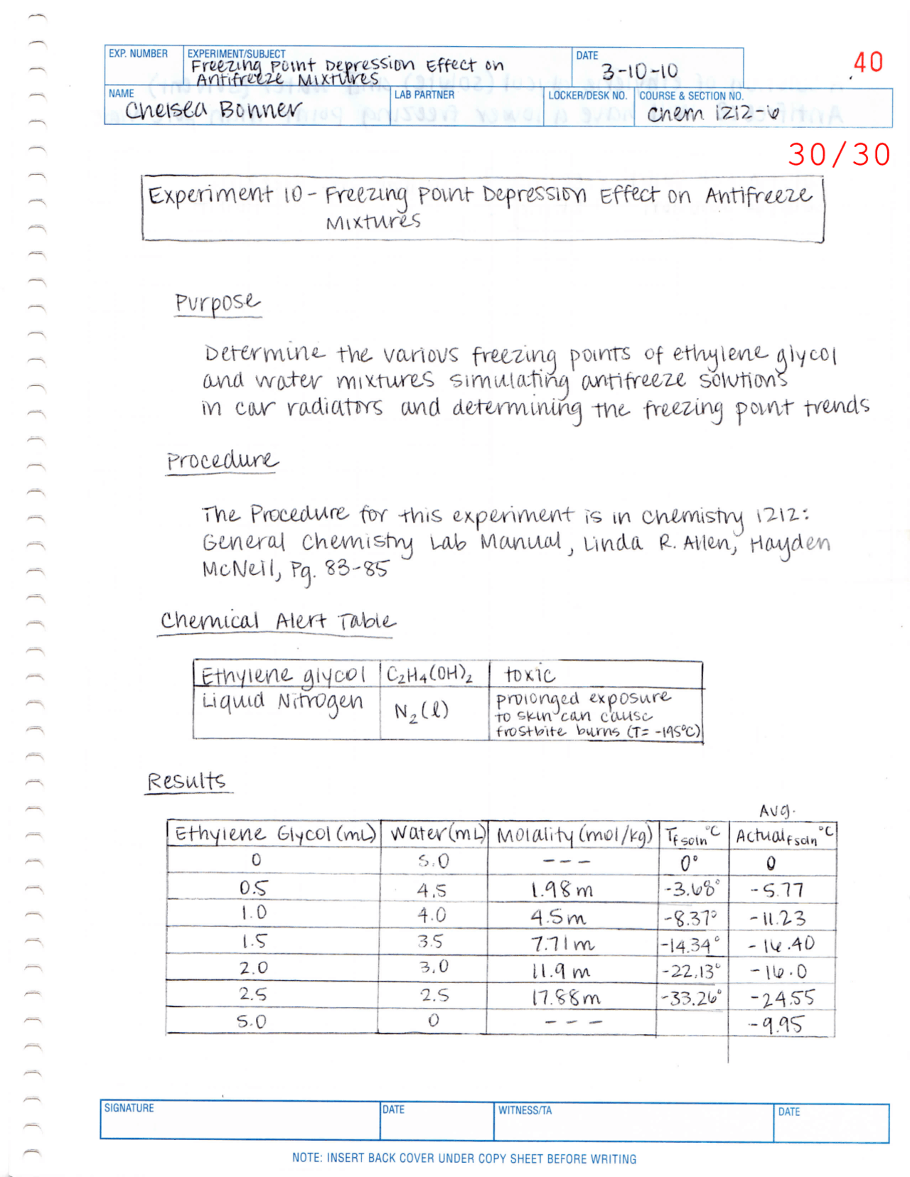 Lab Report - Freezing Point Depression Effect on Antifreeze Mixture ...