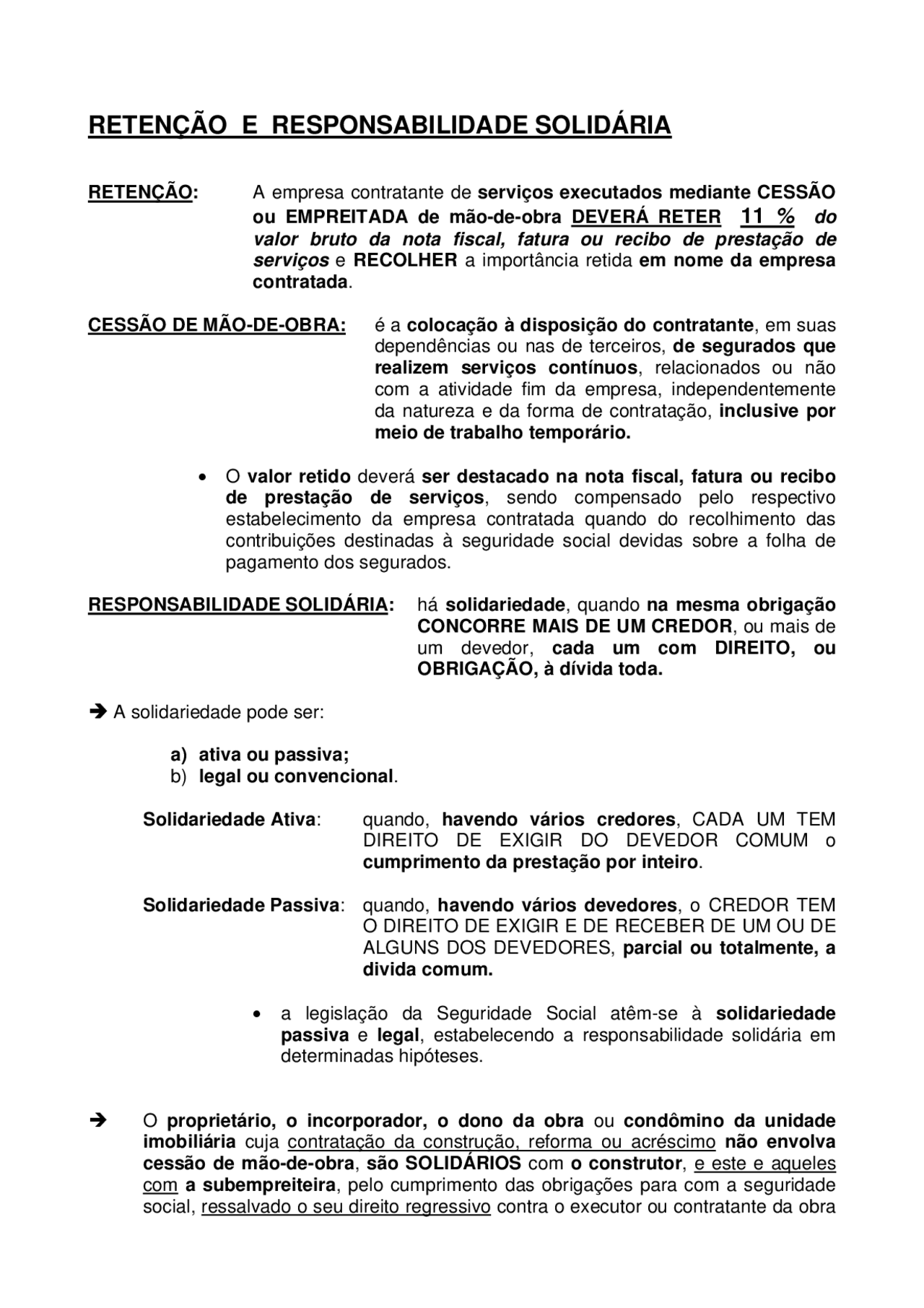 A Retenção e Responsabilidade solidária | Notas de estudo Direito ...