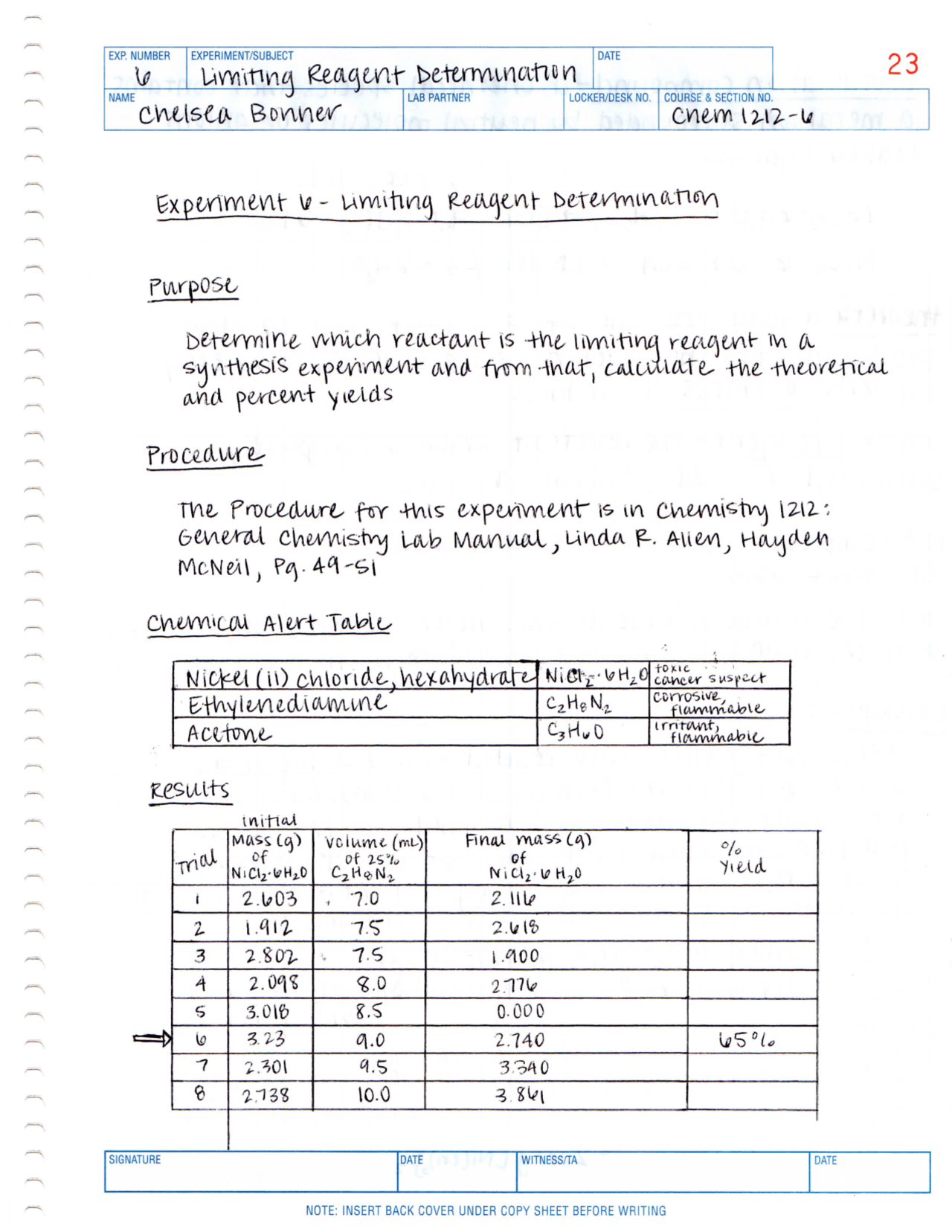 Experiment 6 - Limiting Reagent Determination | CHEM 1212 | Study notes ...
