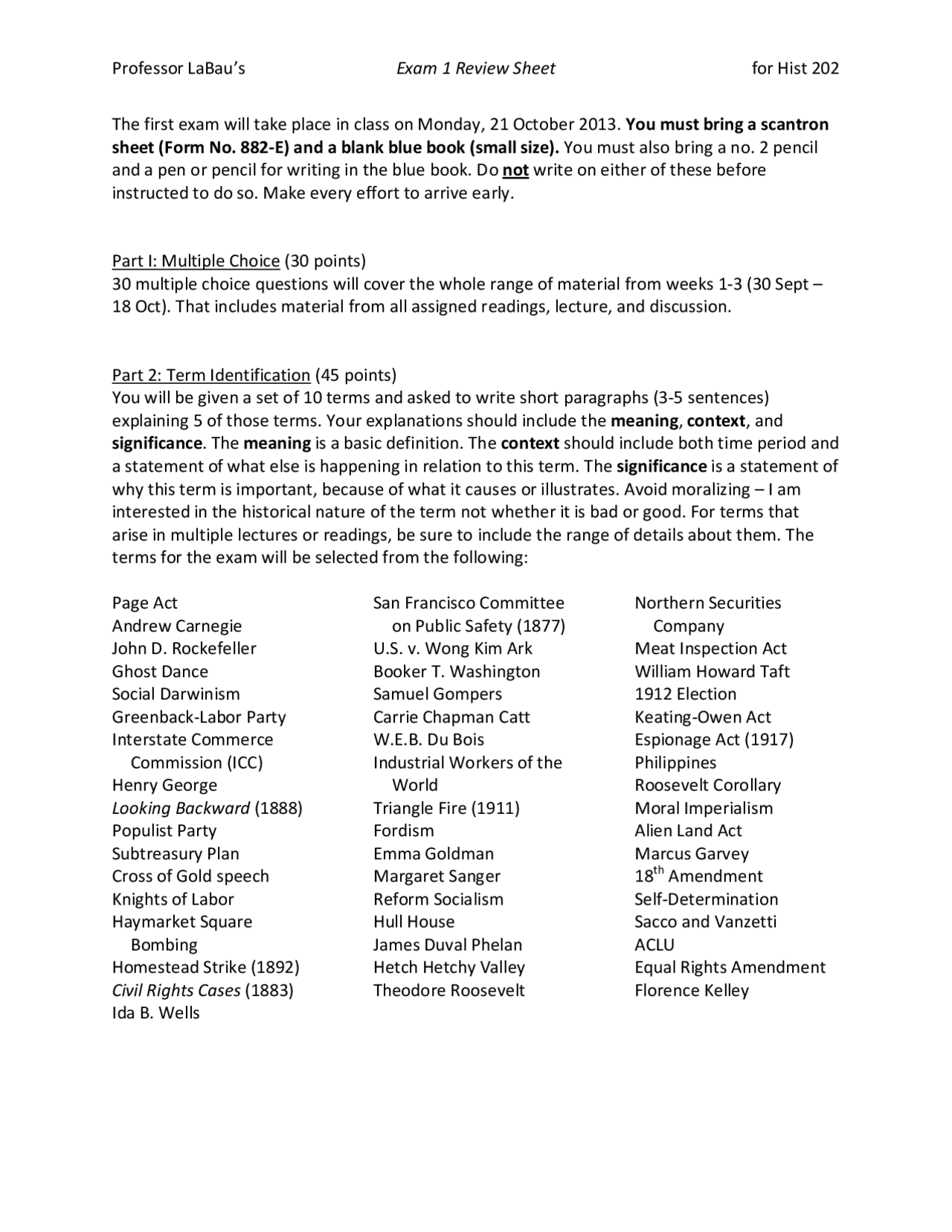 Professor LaBau's Hist 202 Exam 1 Review Sheet: Multiple Choice and Term Identification ...