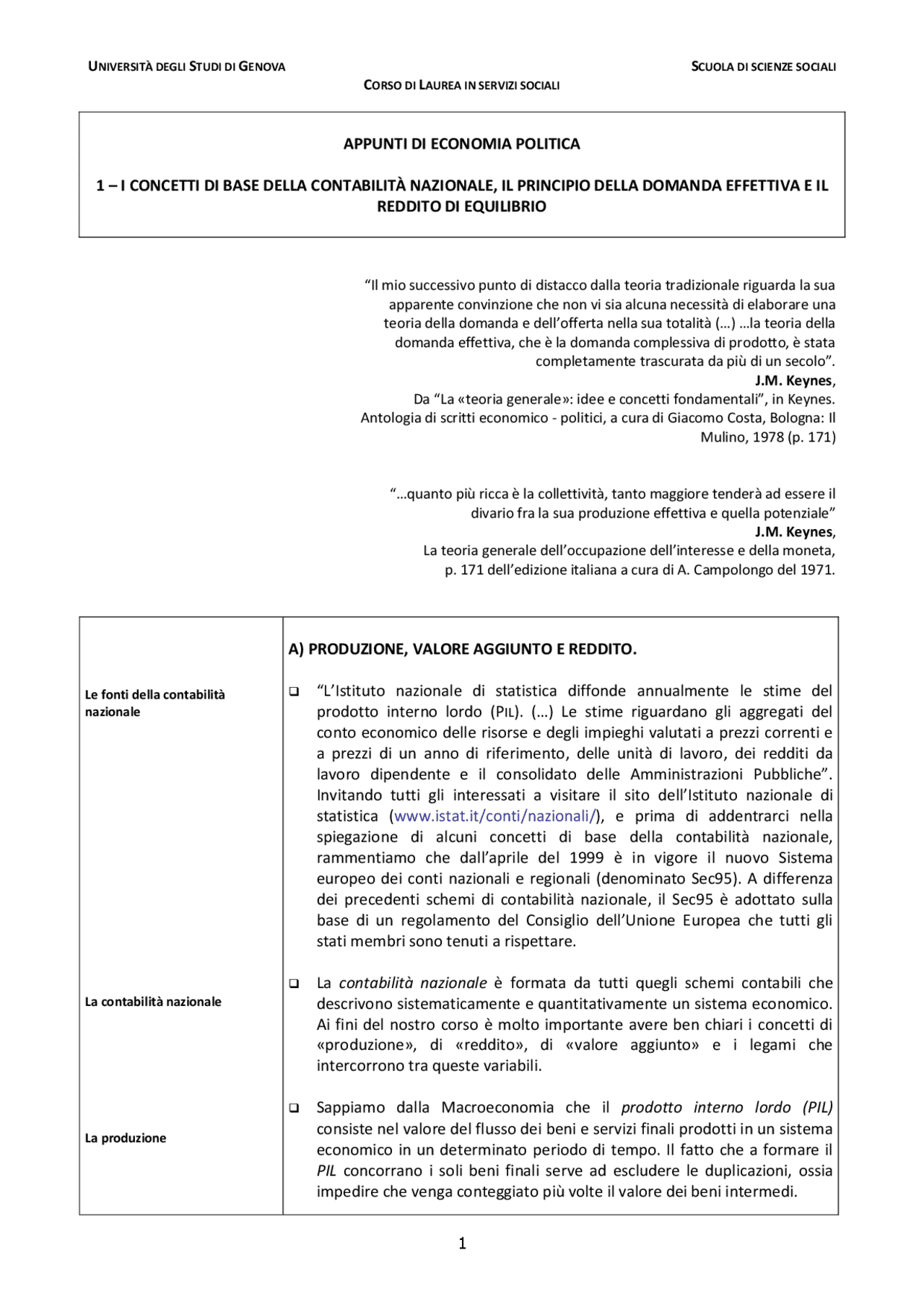 1 - LA CONTABILITA NAZIONALE E IL PRINCIPIO DELLA DOMANDA EFFETTIVA - Docsity