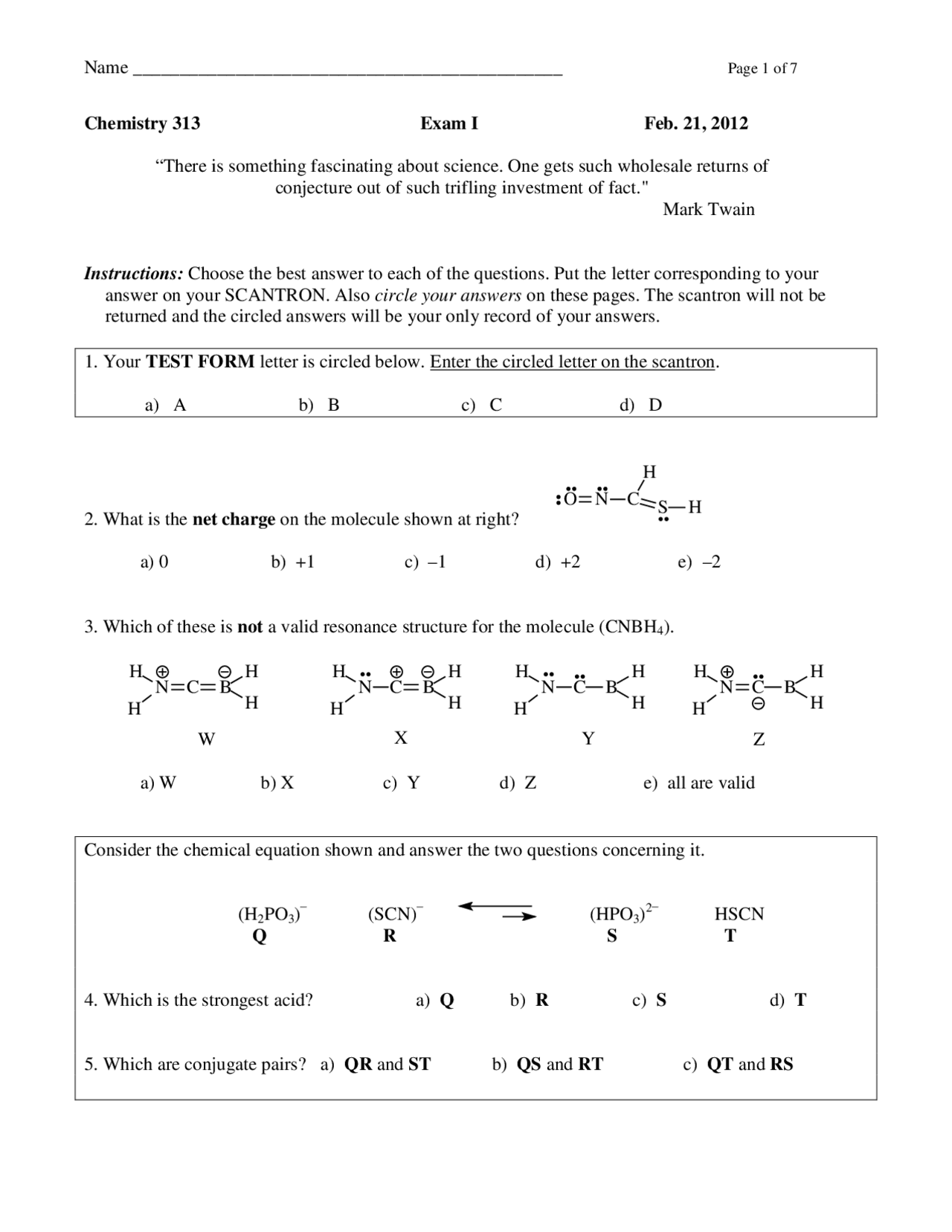 Exam 1 Questions - Organic Chemistry I | CHEM 313 | Exams Organic ...