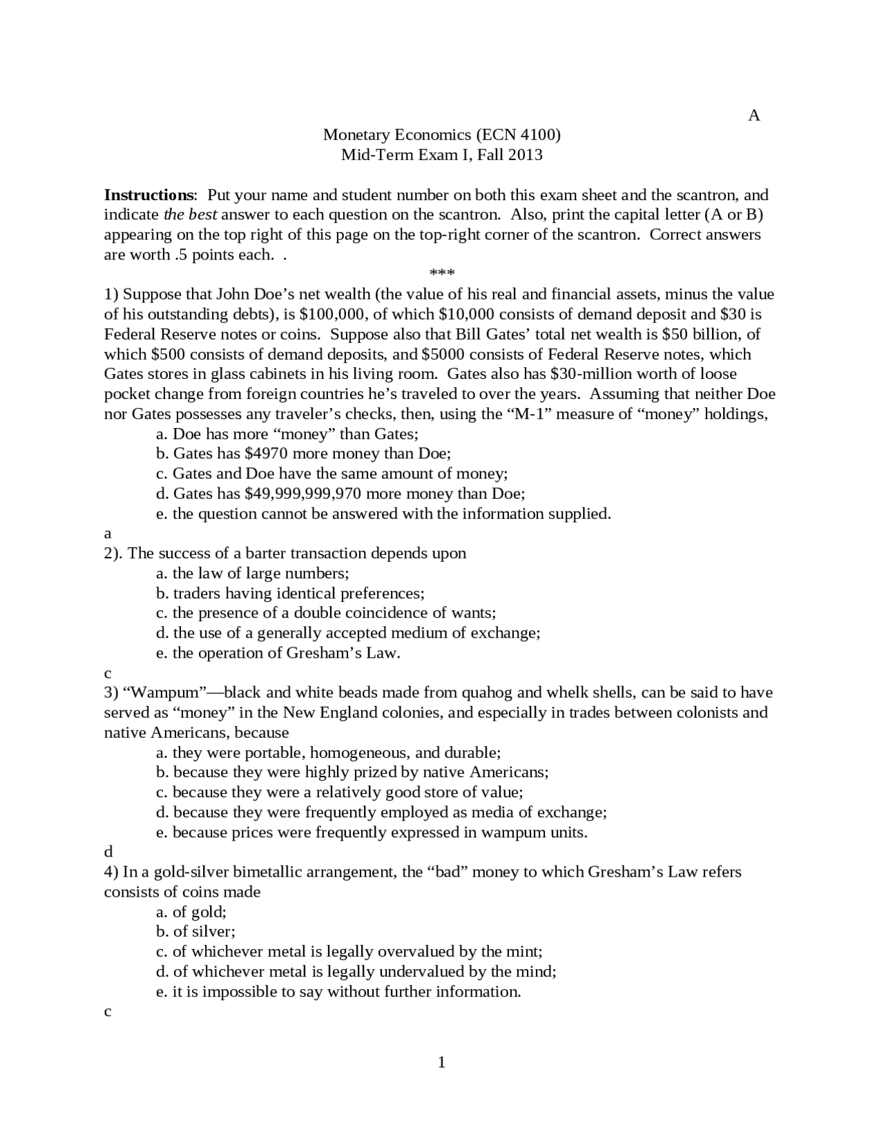32 Mcqs For Midterm Exam 1 With Answers Monetary Economics Econ