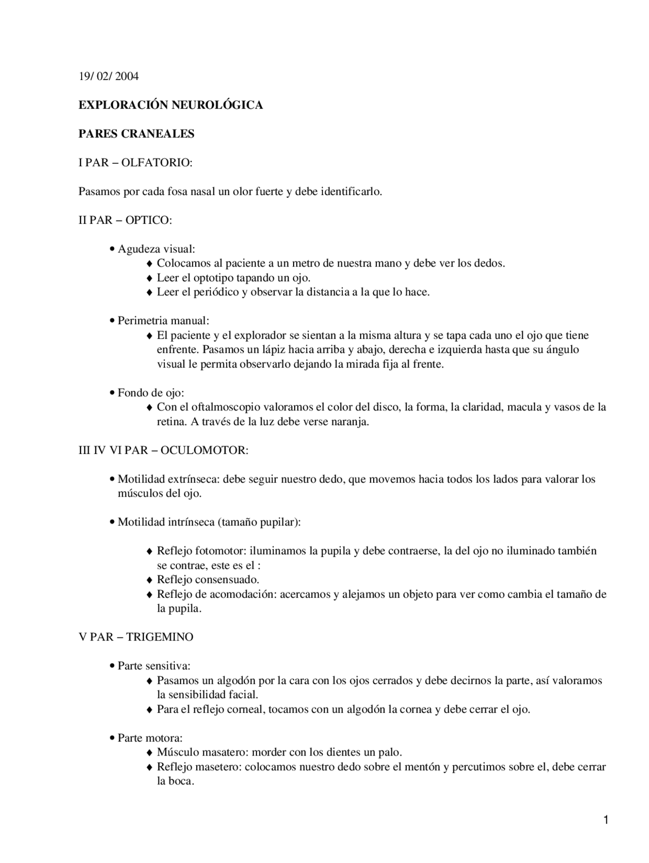 Apuntes Sobre La Exploración Neurológica Docsity