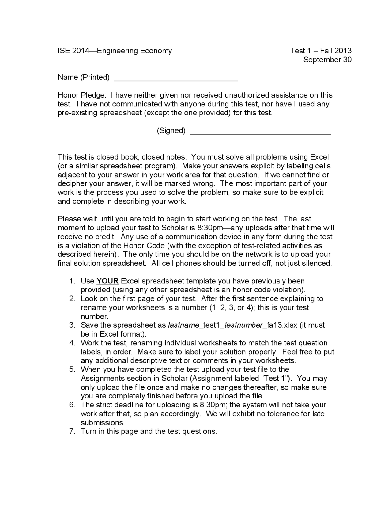 Engineering Economy - Exam 1 Questions | ISE 2014 - Docsity