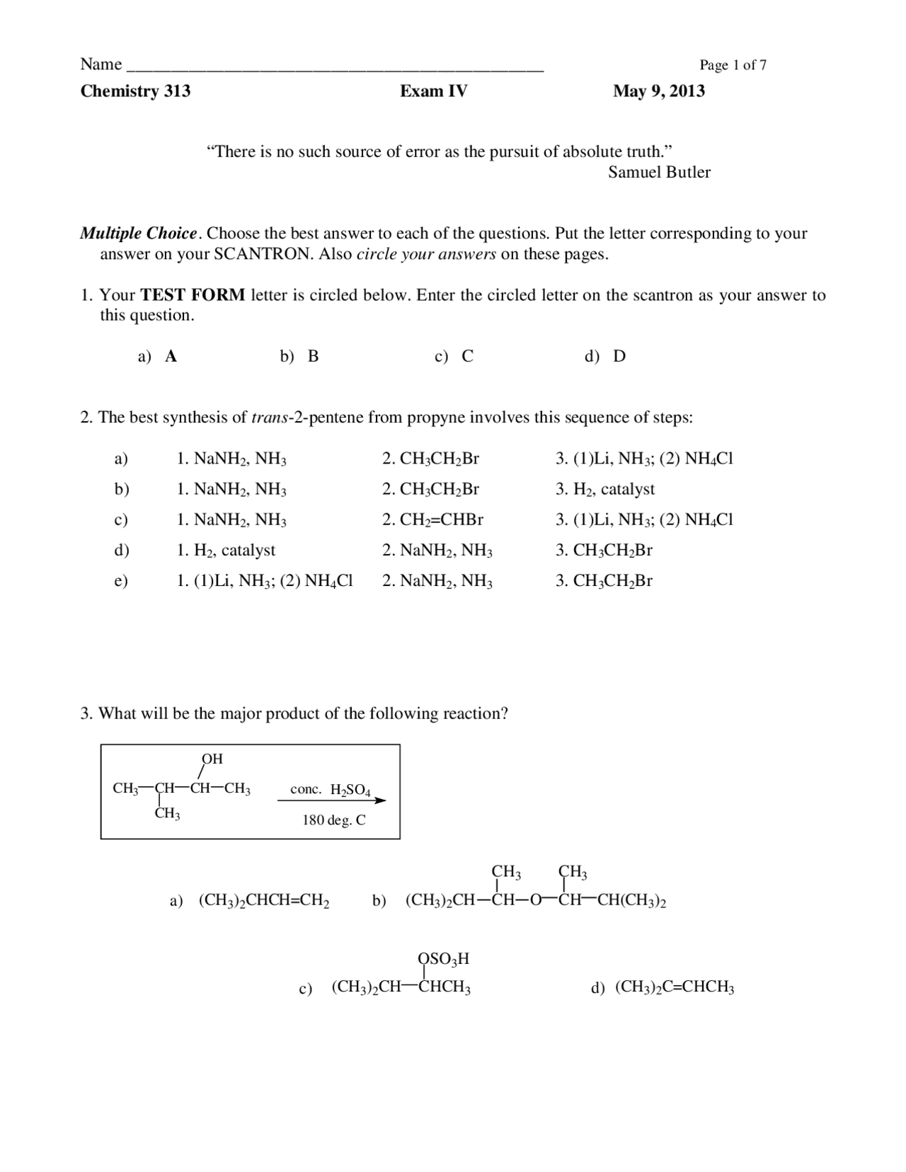 Organic Chemistry I Midterm Exam 4 Questions Chem 313 Docsity