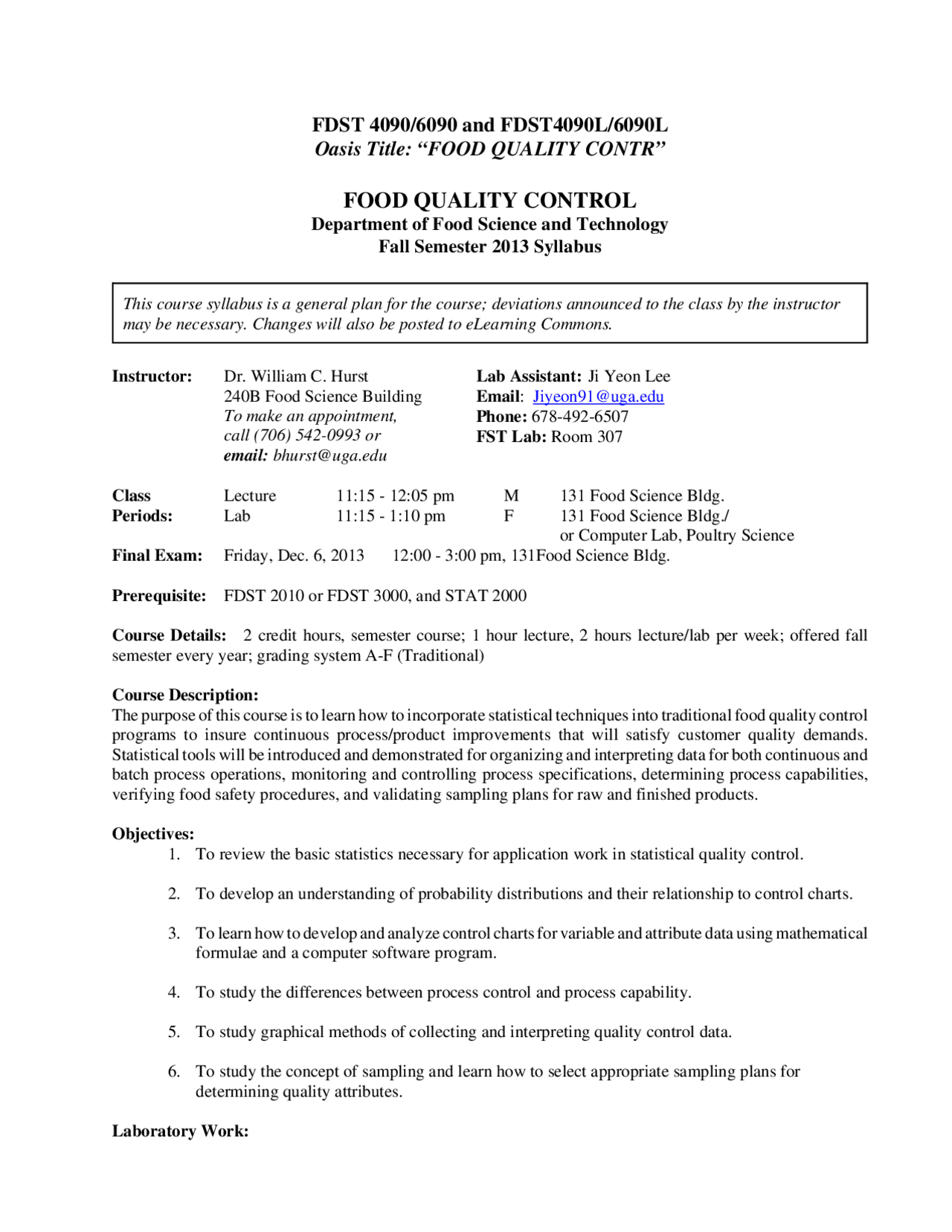 Syllabus On Food Quality Control Fdst 4090 Lecture Notes Food