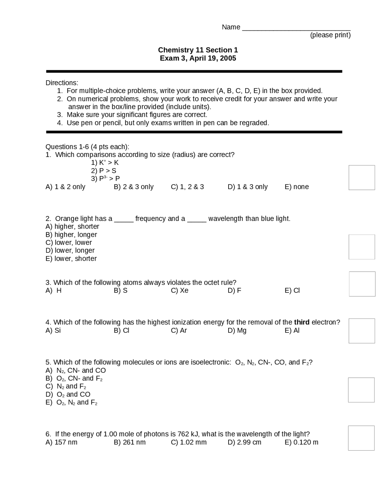 Midterm Exam 3 With 14 Questions General Descriptive Chemistry I