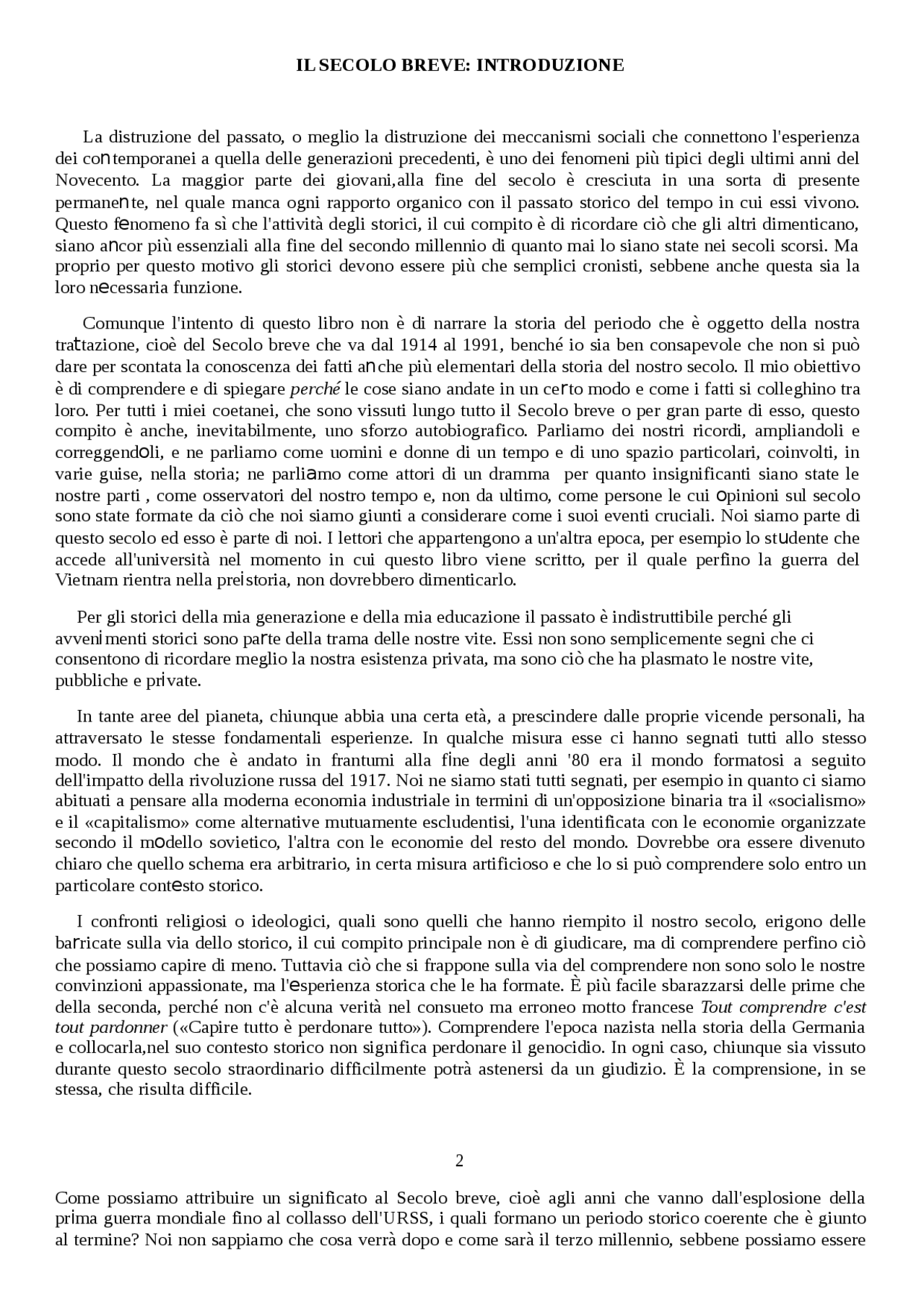 Il secolo breve - Uno sguardo a volo d'uccello (poco ridotto) - Docsity