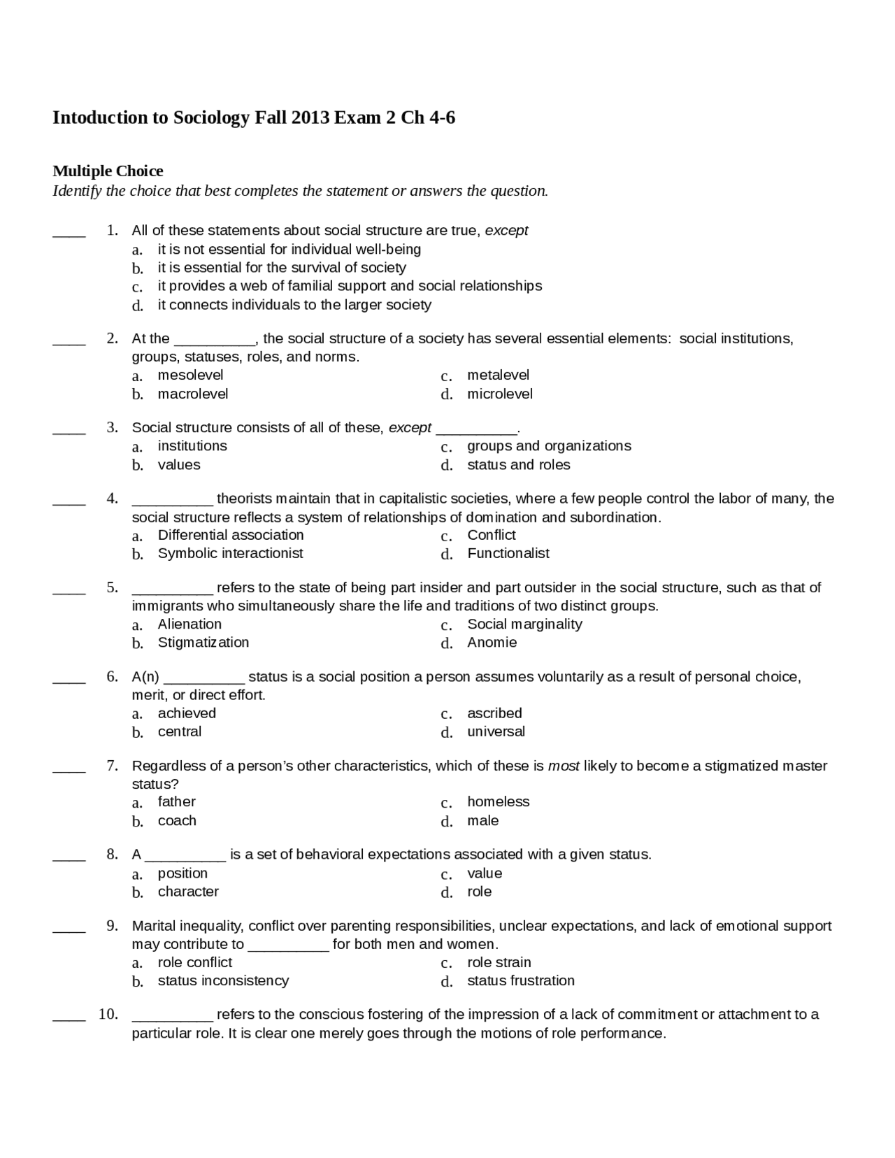 100 MCQs on Introduction To Sociology - Exam 2 | SOCI 2300 - Docsity