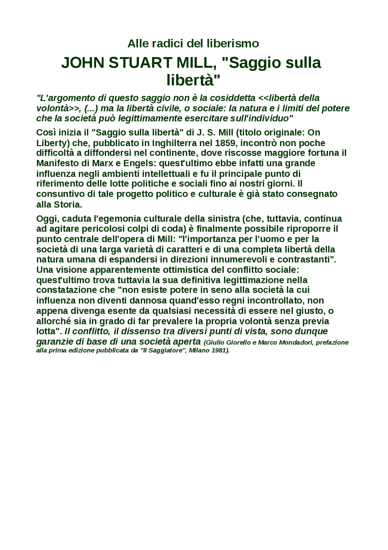 John Stuart Mill Saggio Sulla Libertà Docsity