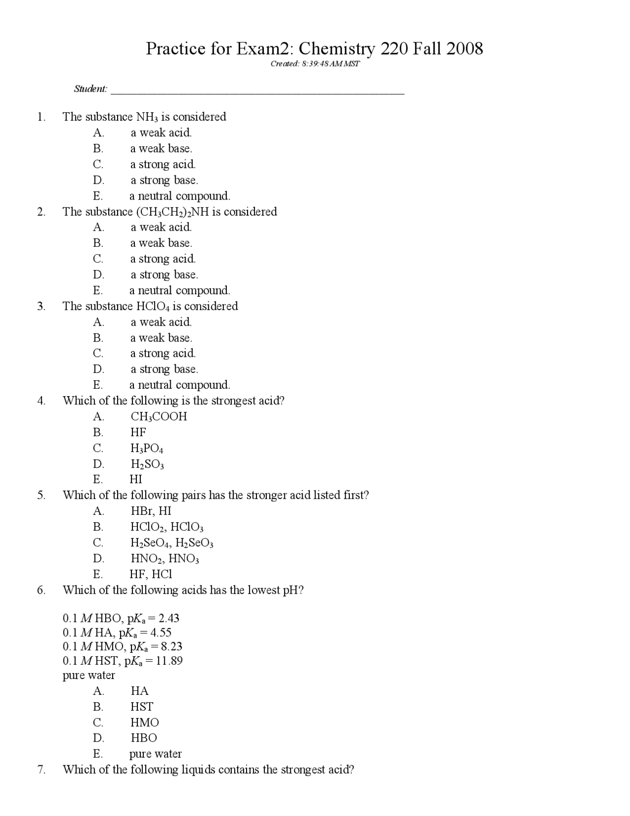 Practice For Exam 2 Principles Of Chemistry Ii Ch 302 Docsity