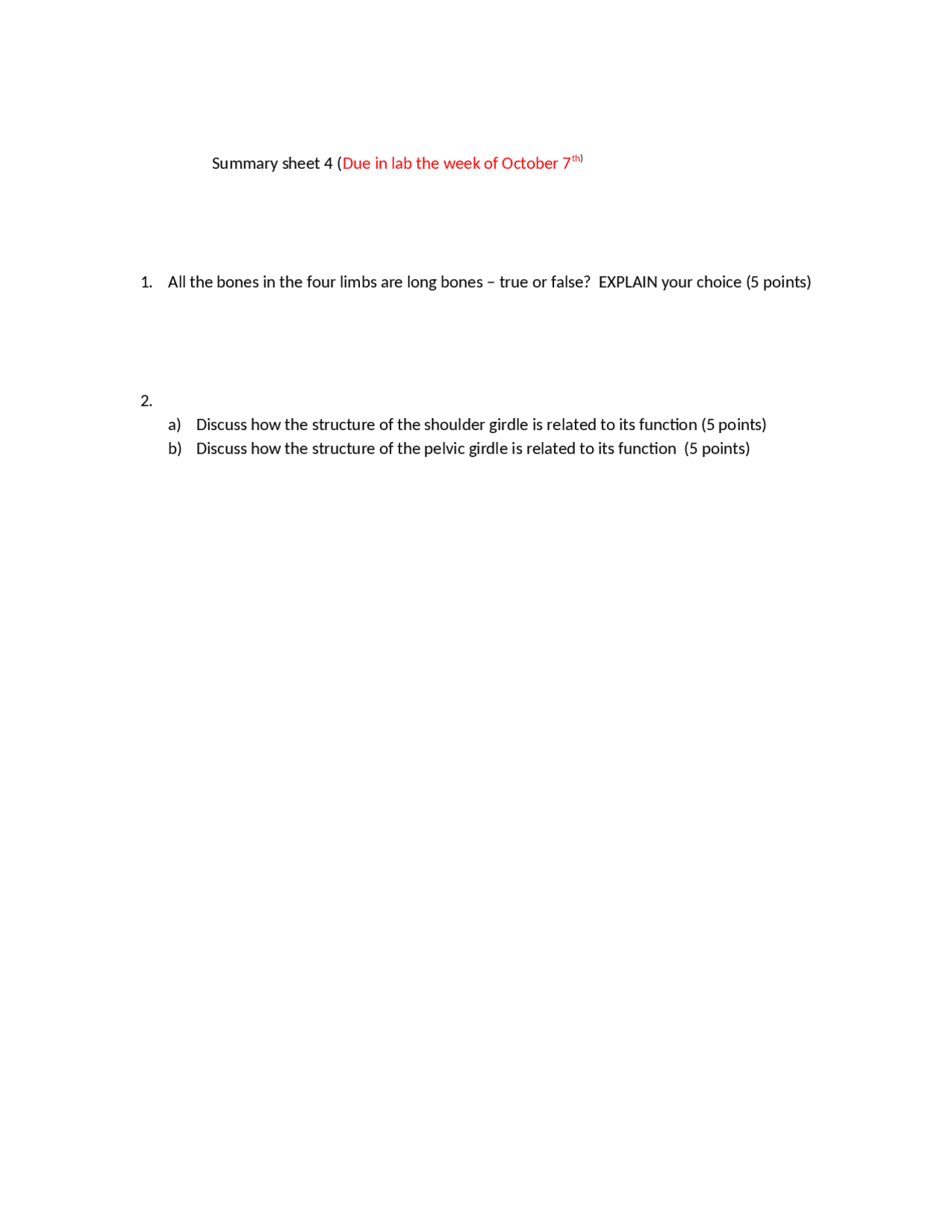 Summary Sheet 4 Human Anatomy And Physiology I Bsci 201 Docsity