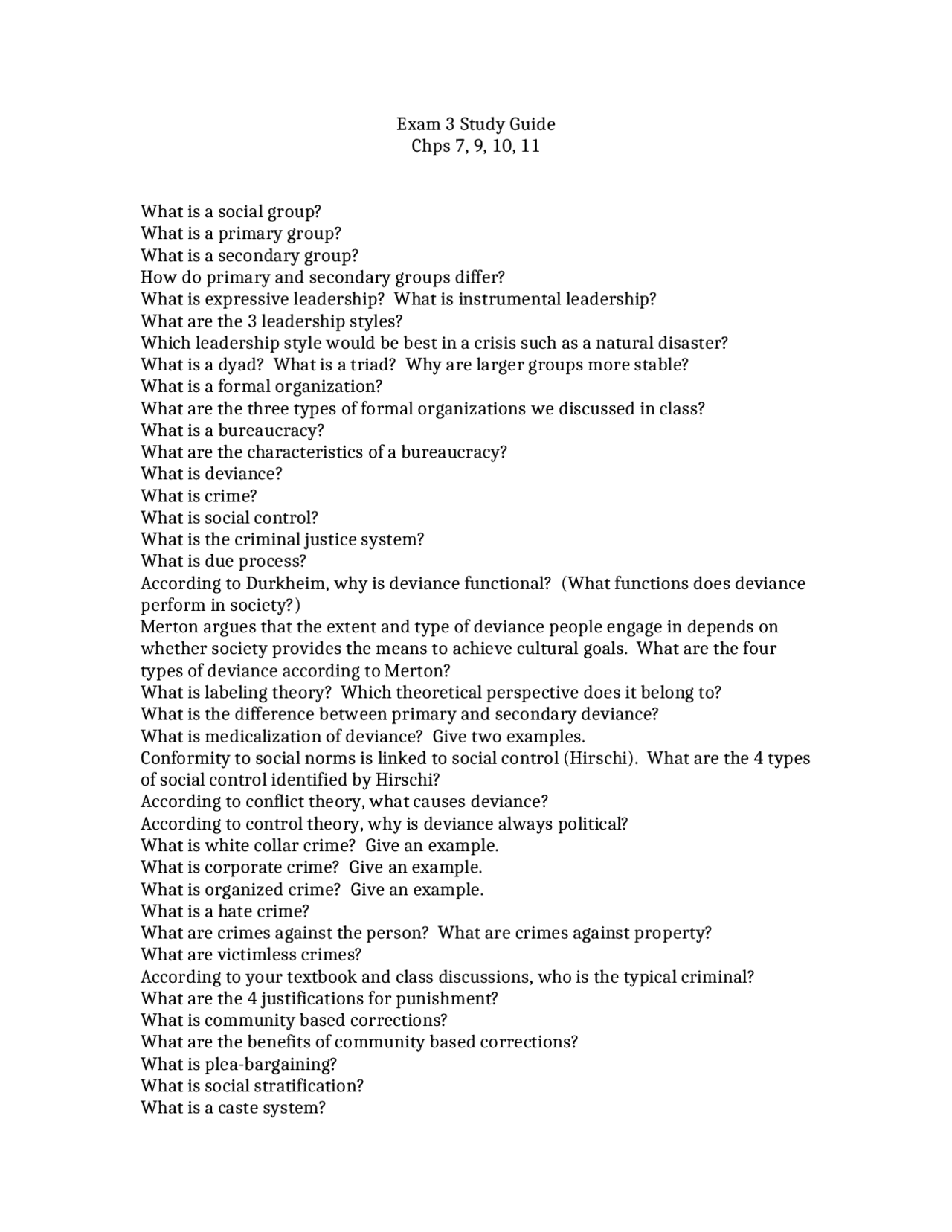 Exam 3 Study Guide - Introduction To Sociology | SO 1003 - Docsity