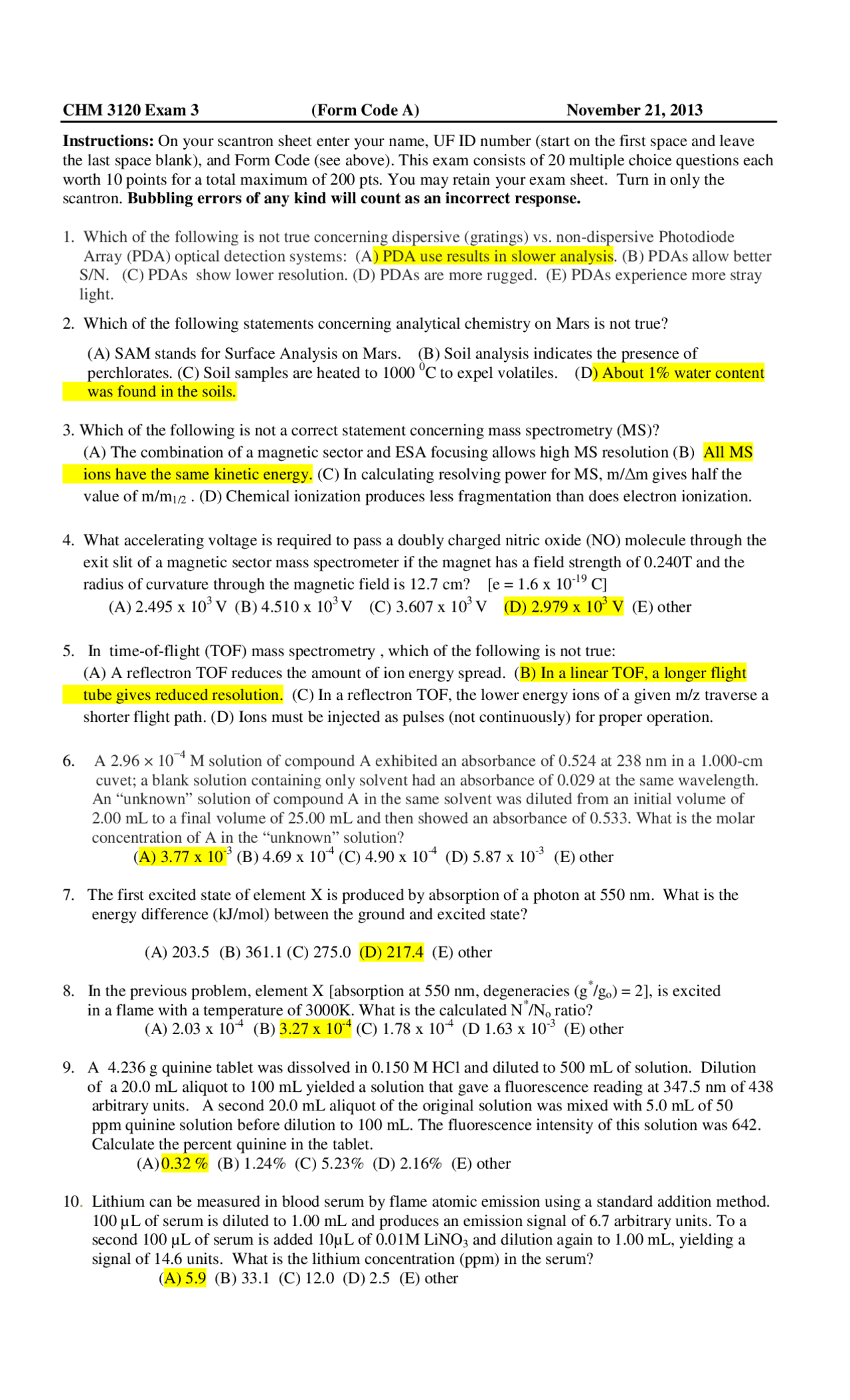 Introduction To Analytic Chemistry Solutions To Exam 3 Chm 3120