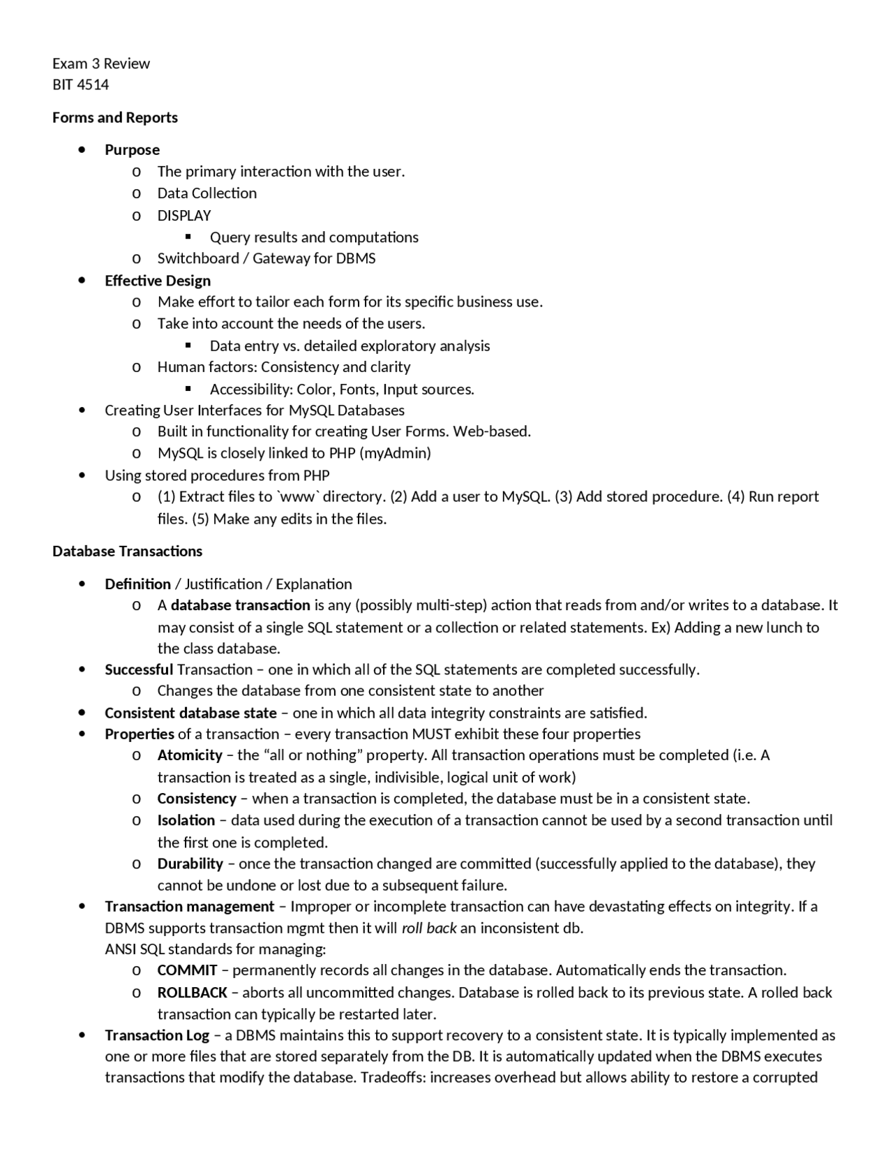All Lecture Notes Combined - Exam 3 Review - Database Technology for ...