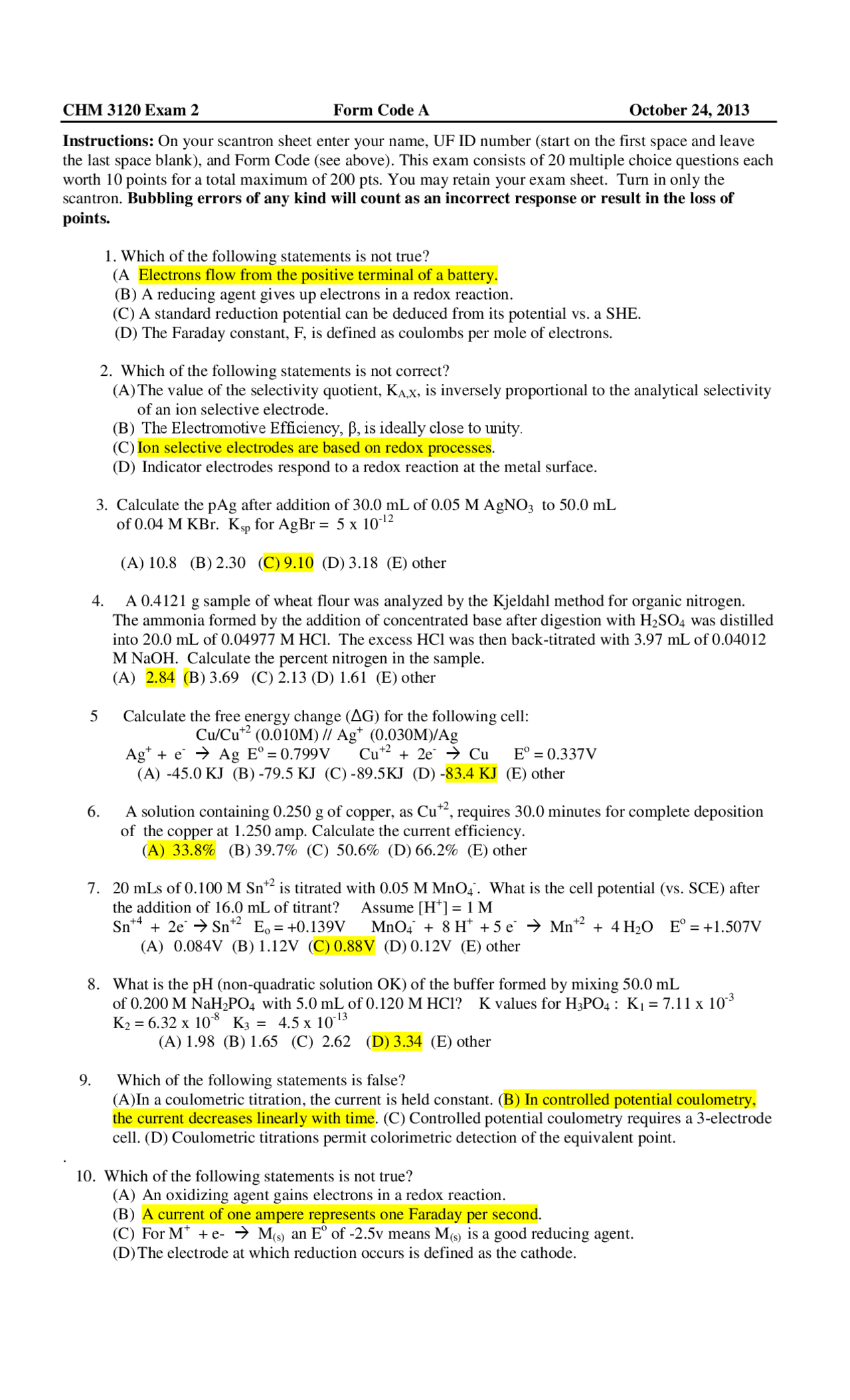 20 Solved Questions In Exam 2 On Analytical Chemistry Chm 3120 Docsity