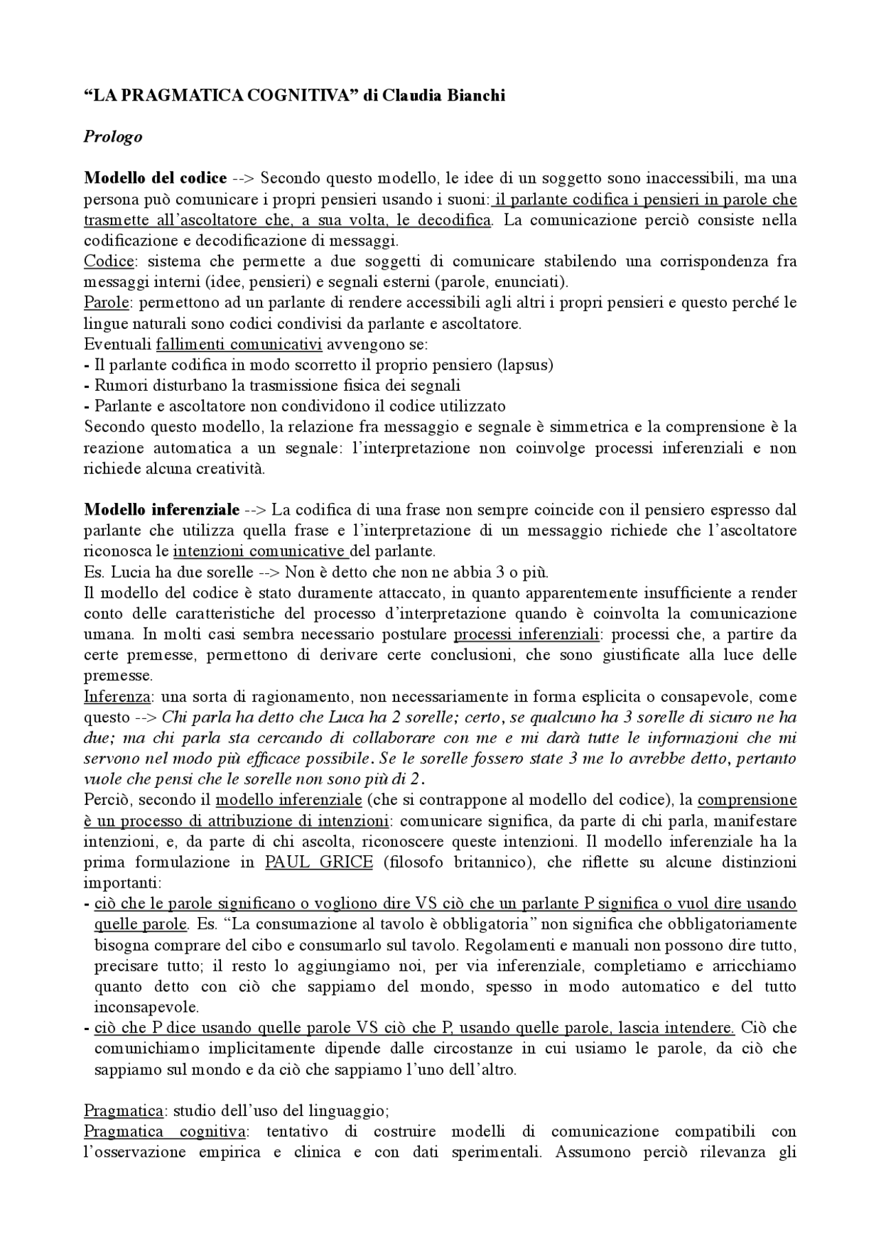 Pragmatica Cognitiva Claudia Bianchi Sintesi Del Corso Di Semiotica