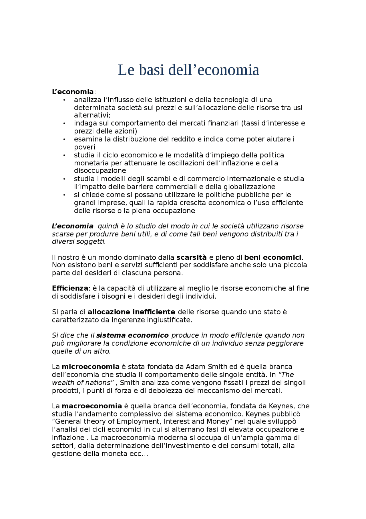 Economia, XIX edizione, A. Samuelson, D. Nordhaus, A. Bollino, capitolo 1 - Docsity