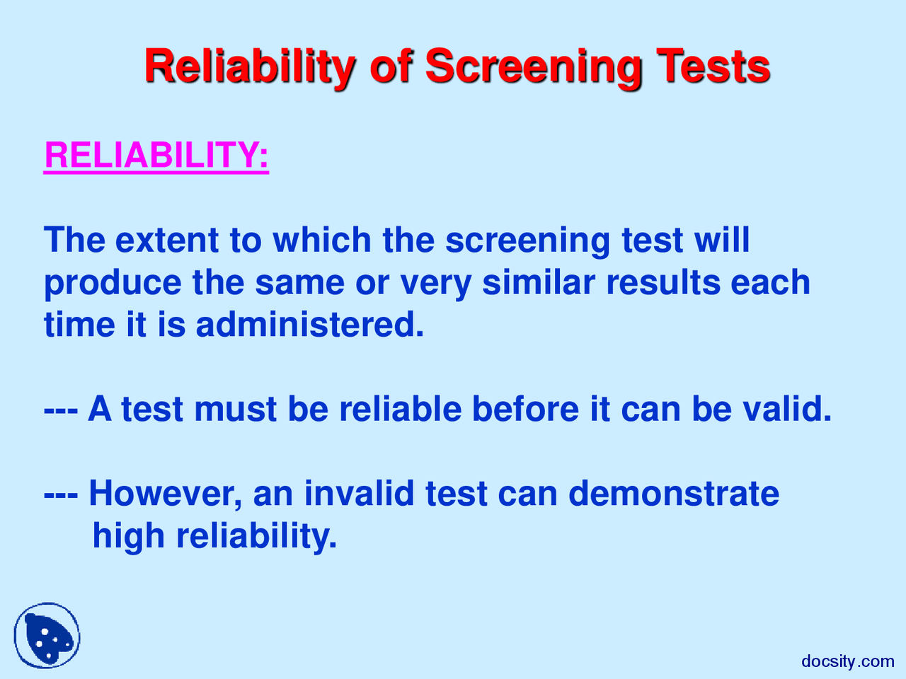 Reliability Of Screening Tests Health Lecture Slides Docsity