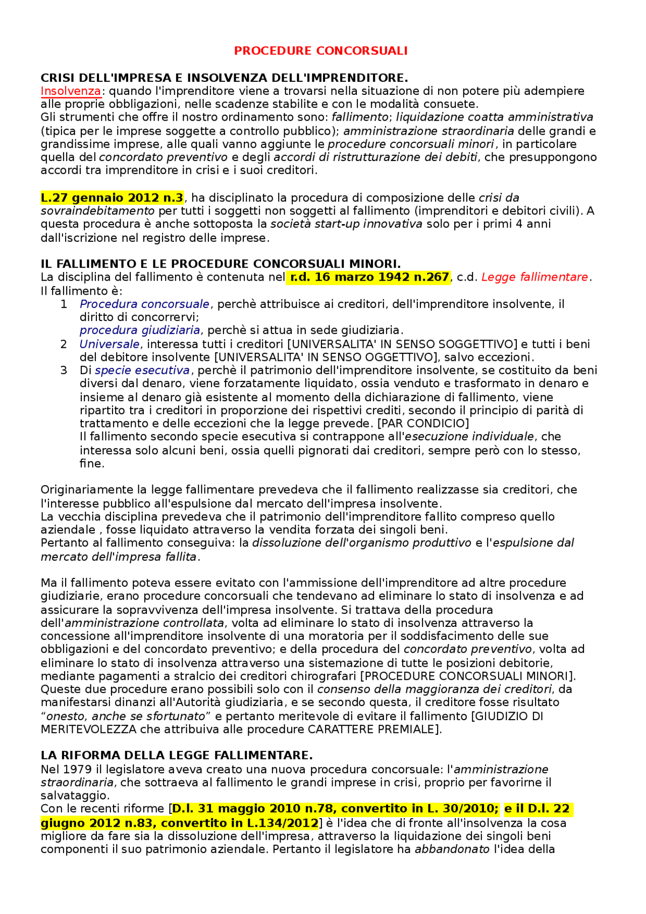 Procedure Concorsuali Sintesi Del Corso Di Diritto Commerciale Docsity