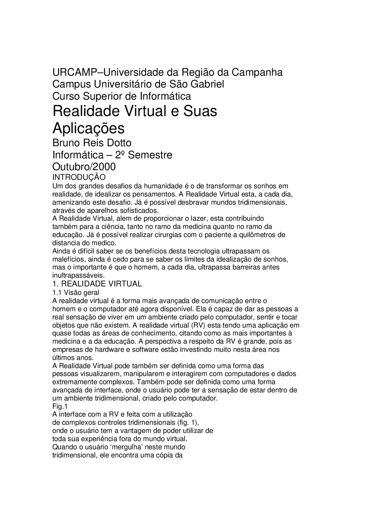 A Realidade Virtual E Suas Aplicações Docsity