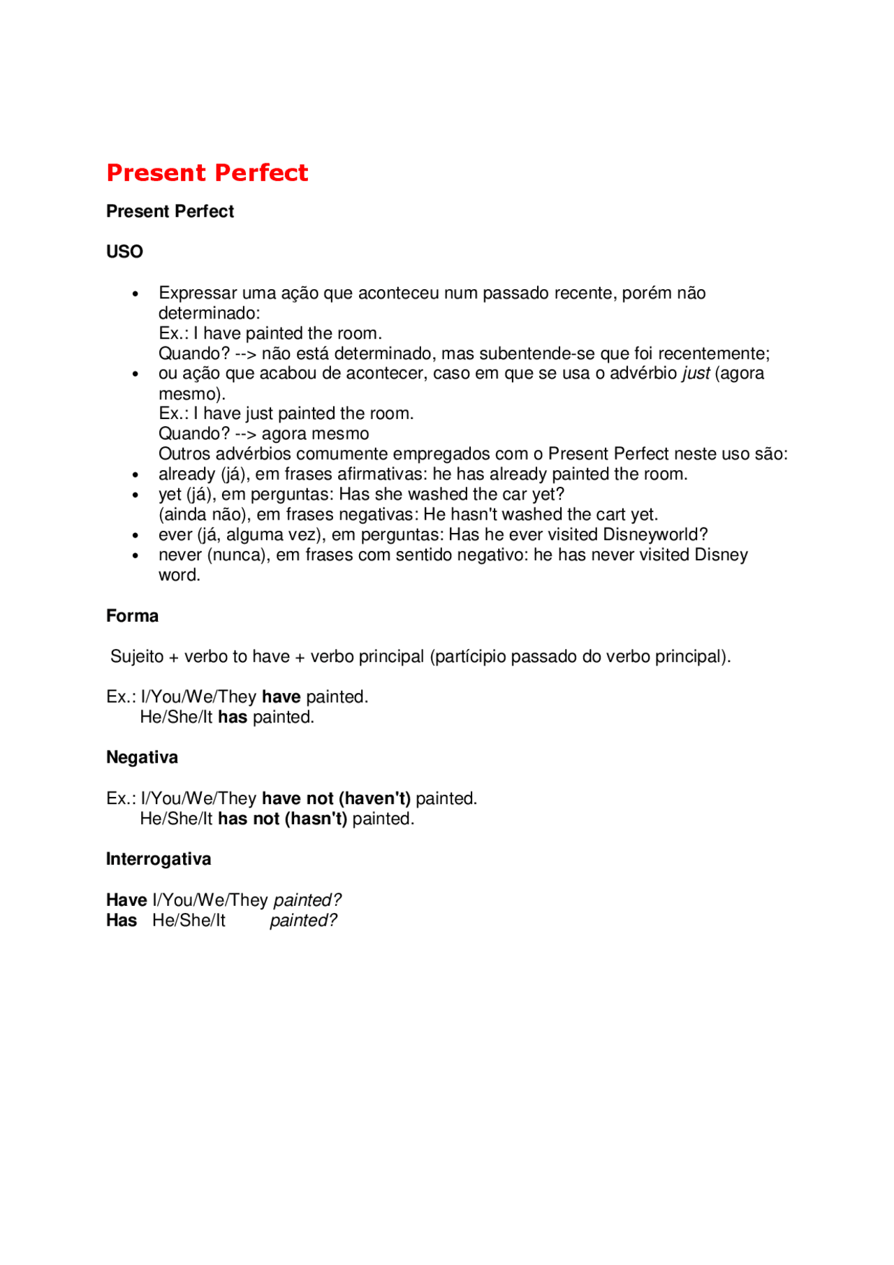 O uso do Present Perfect - Docsity