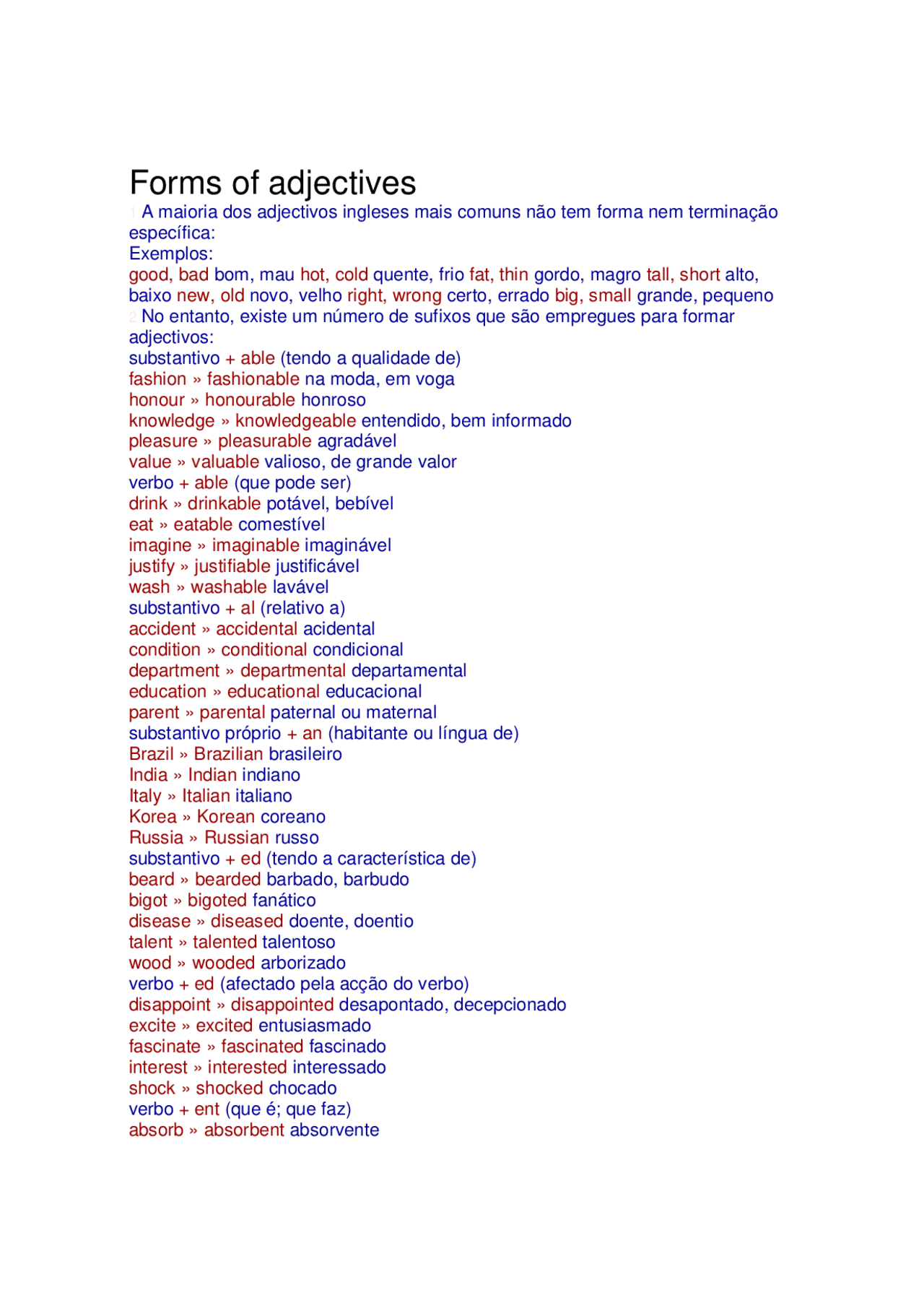 Forms of adjectives - Docsity