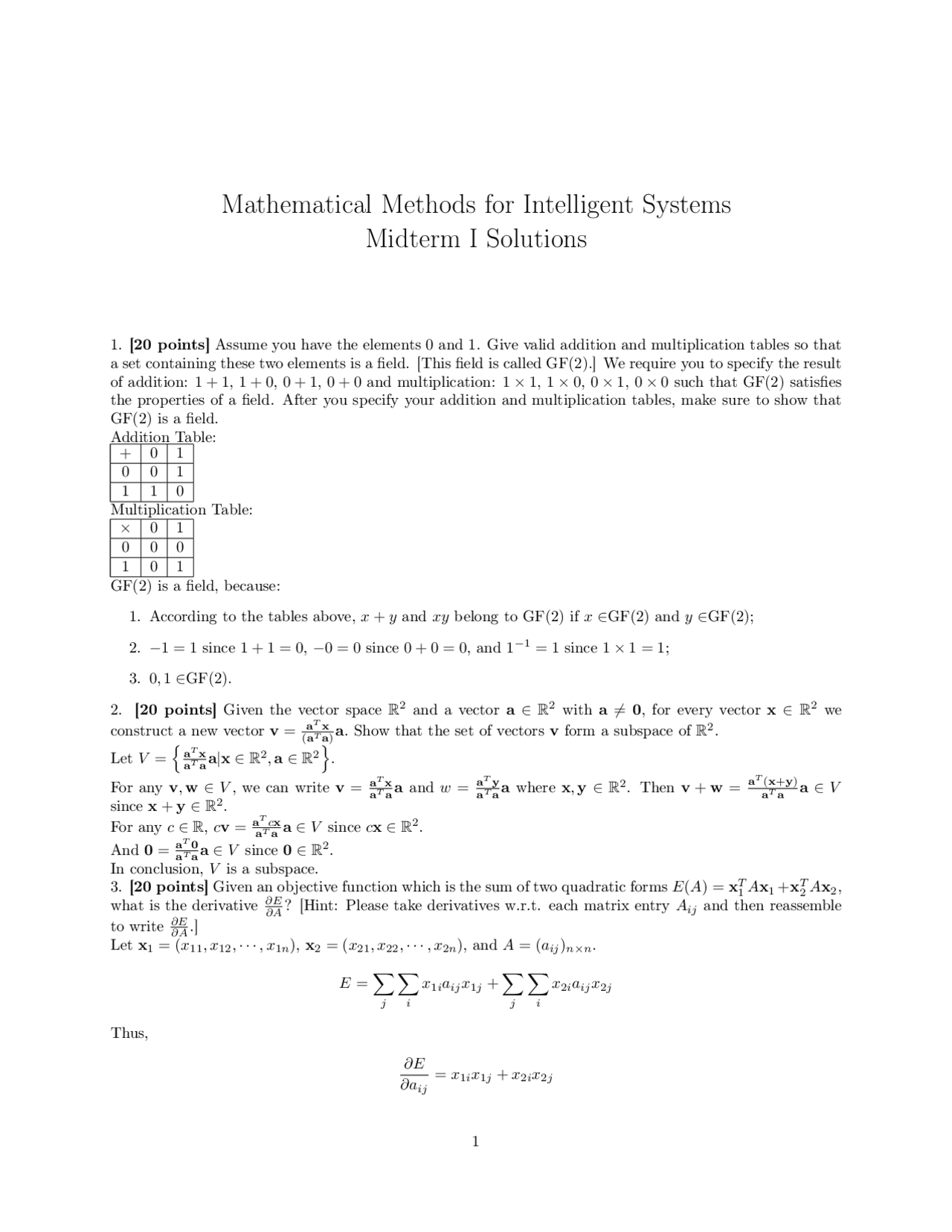 Midterm 1 Solutions for Math Intelligent System | COT 5615 | Exams ...