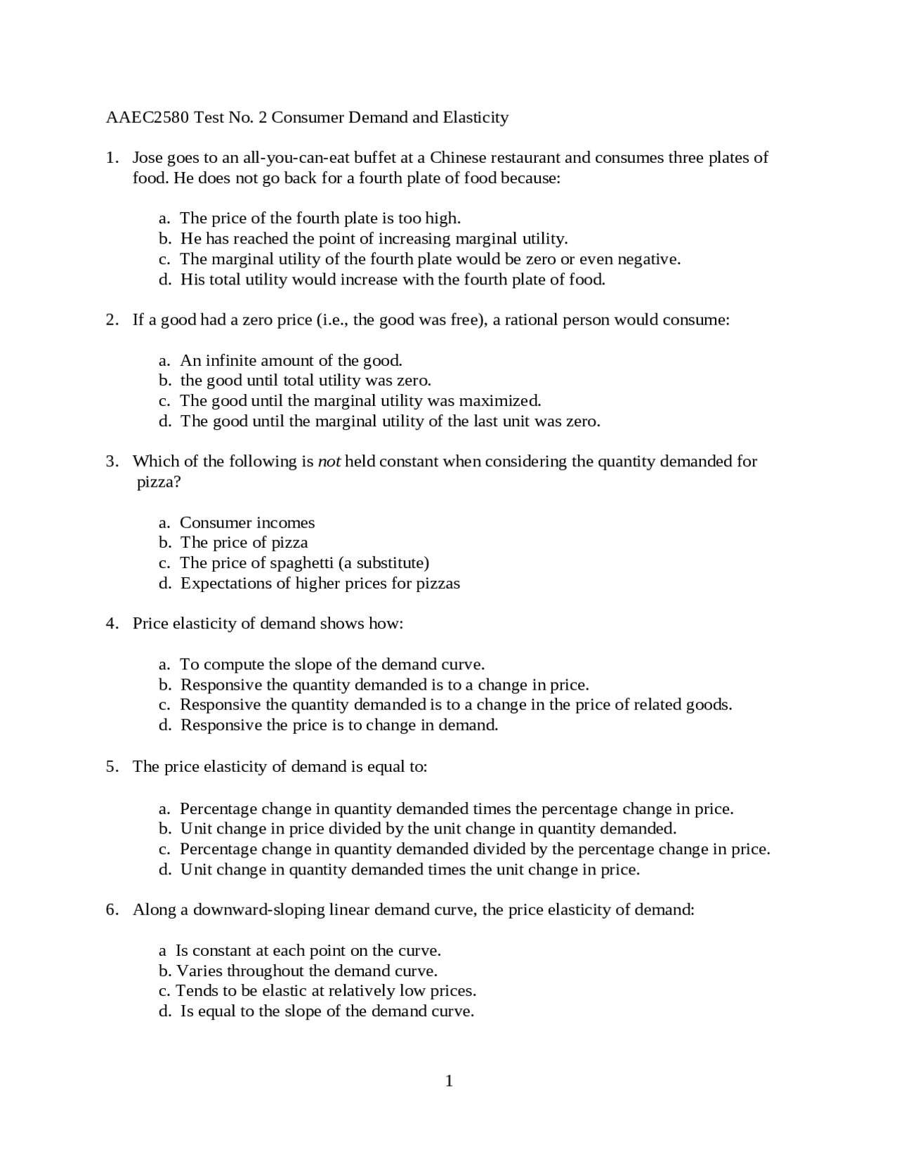 Consumer Demand And Elasticity Test 2 Multiple Choice Questions