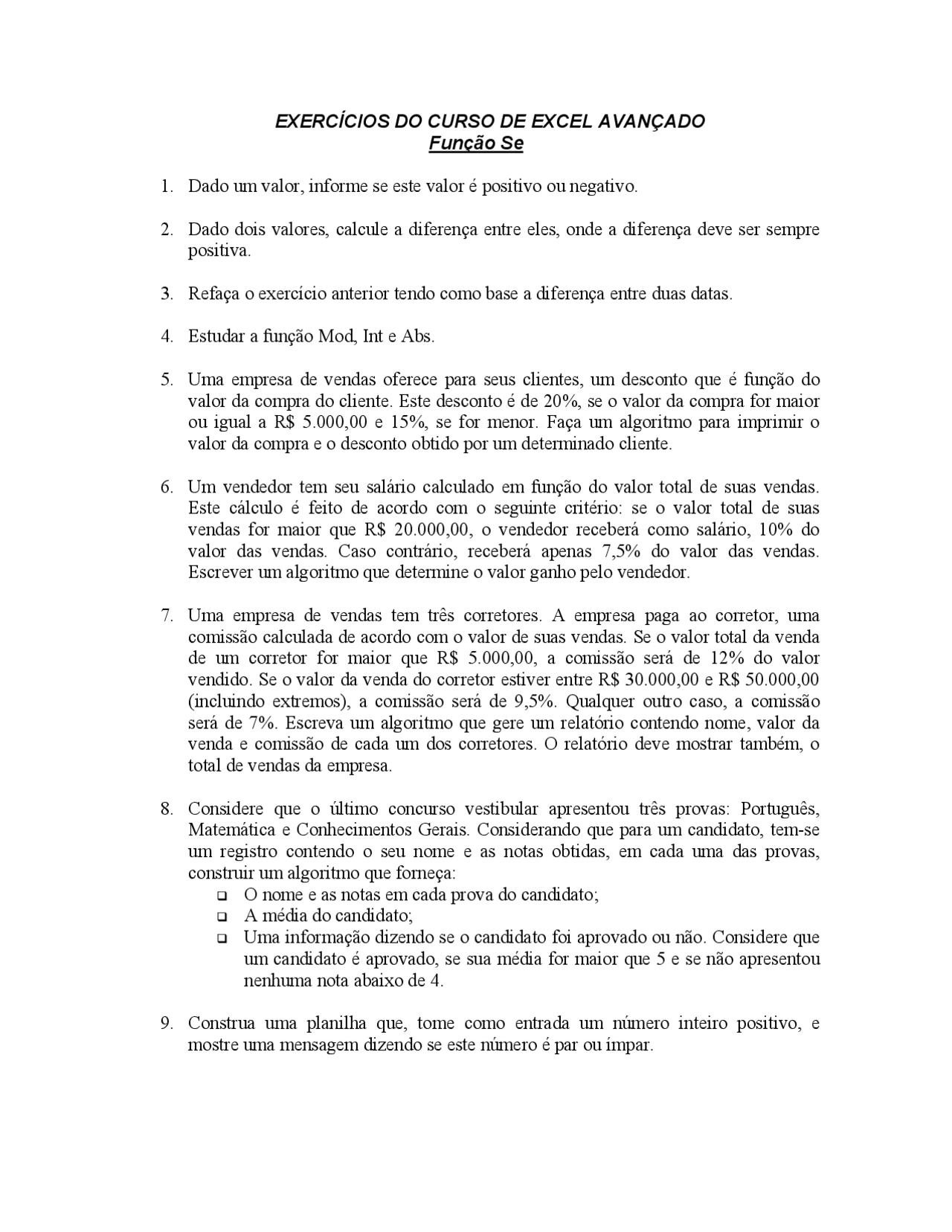 Exercícios Do Curso De Excel Avançado Docsity