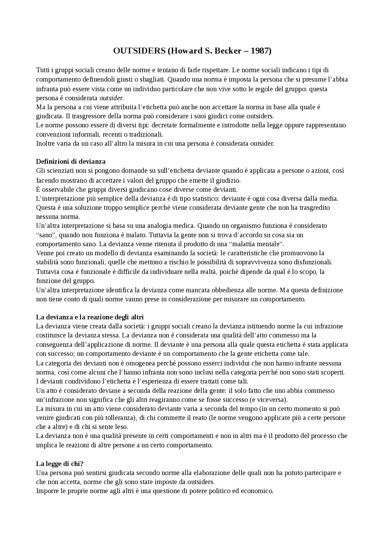 Outsiders di Howard S. Becker | Sintesi del corso di Sociologia | Docsity