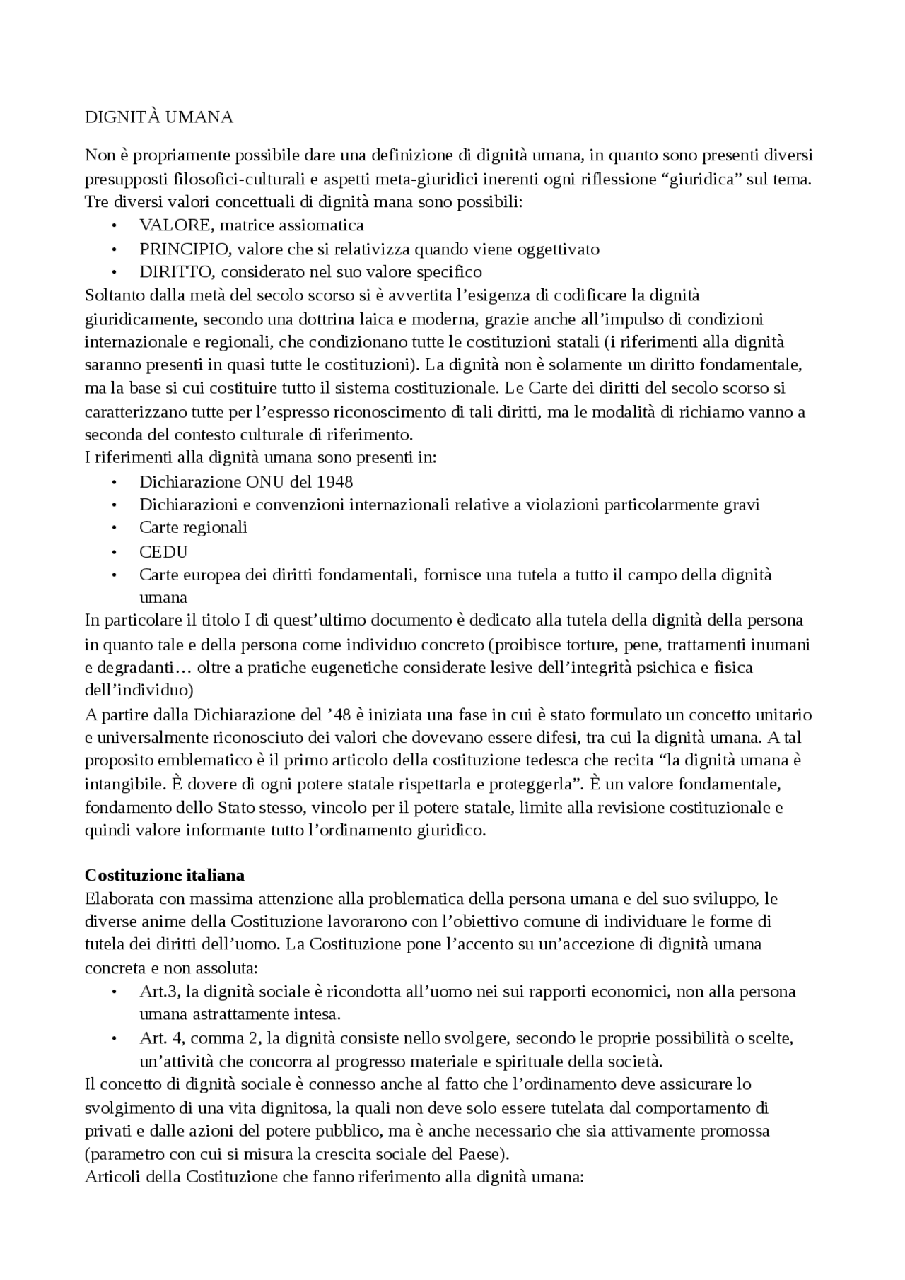 DignitÀ Umana Riassunto Libro Dei Diritti Fondamentali Docsity