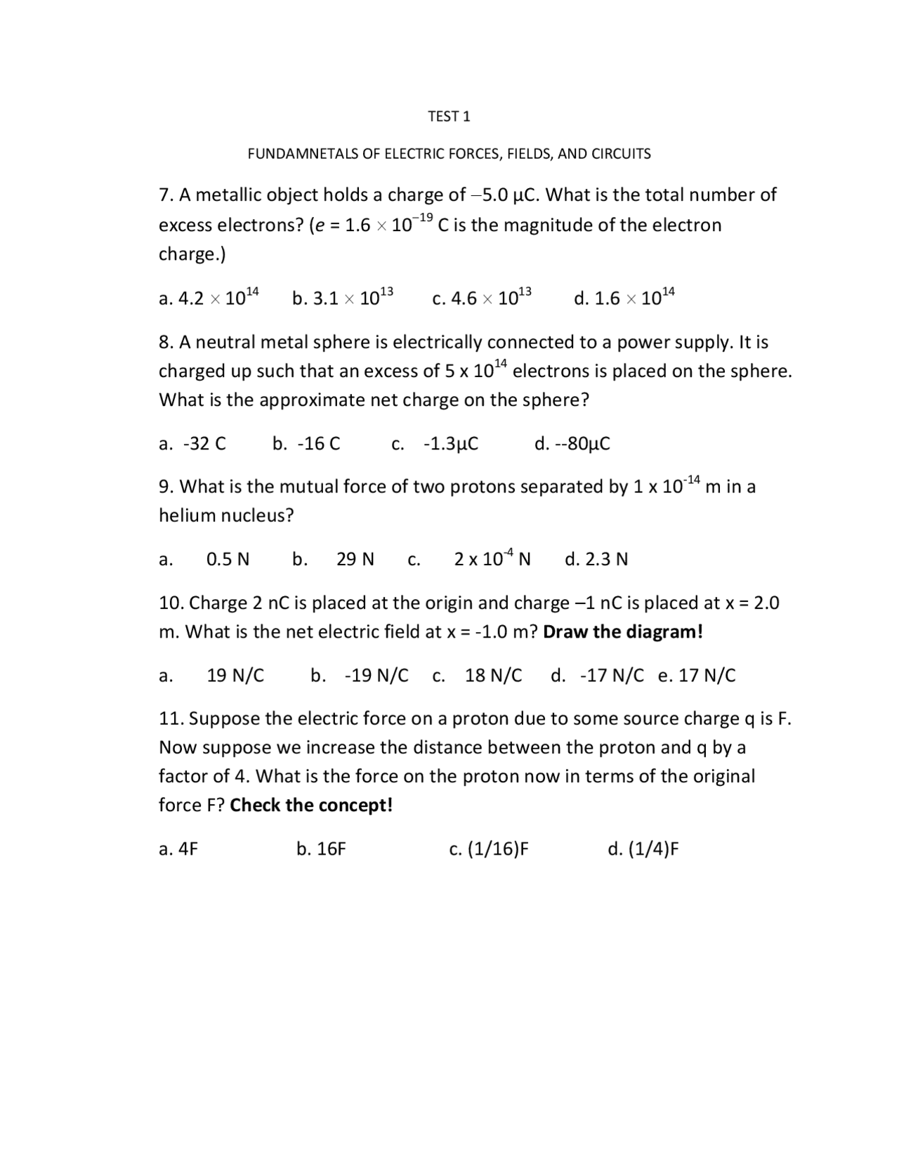 Exam 1 - Fundamentals of Electric Force, Field and Circuits | PHY 2054 ...