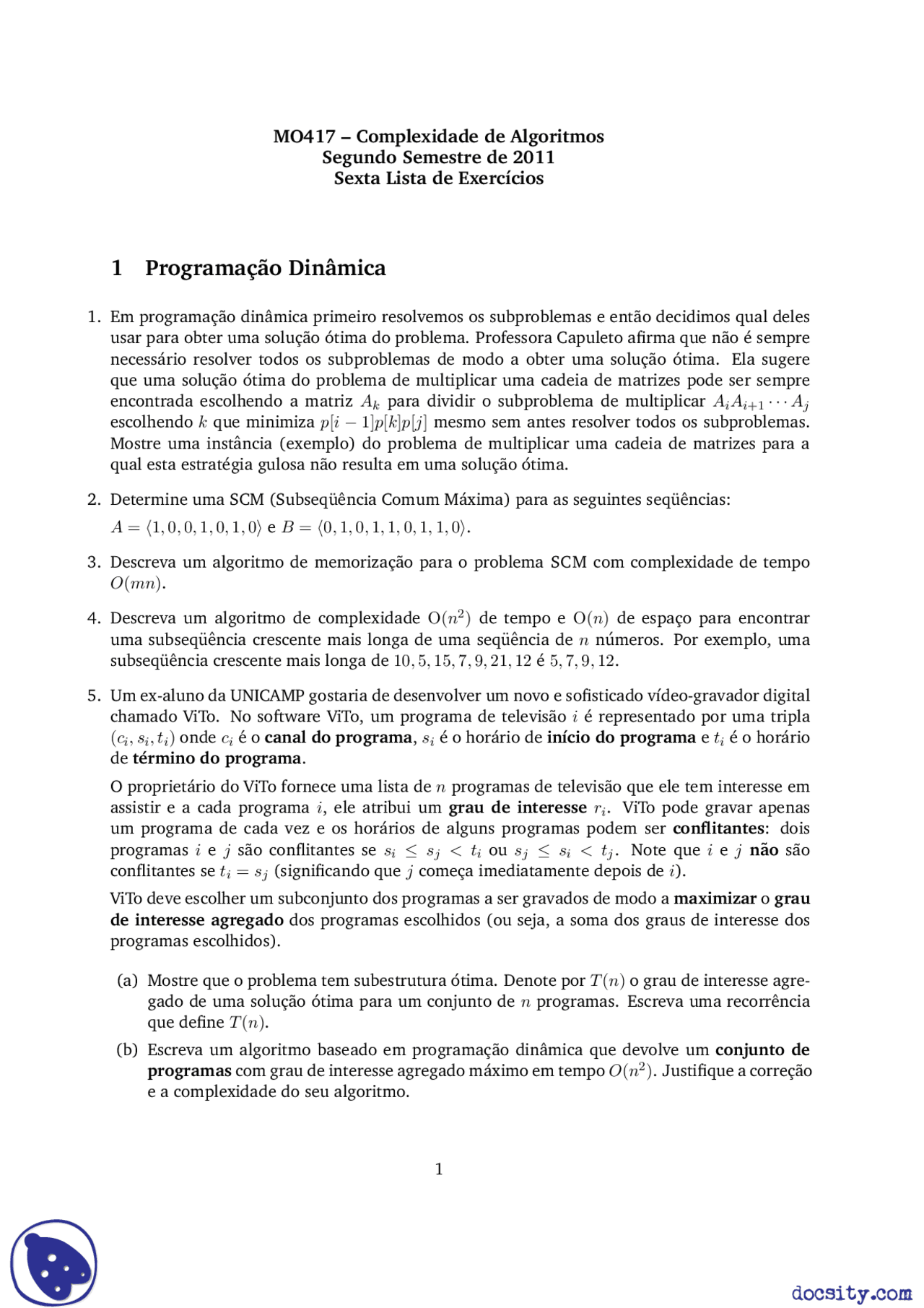 Complexidade De Algorítmos Lista 6 Docsity