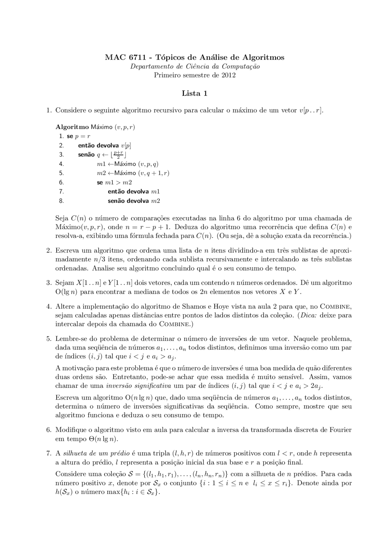 Tópicos De Análise De Algoritmos Lista 1 Docsity