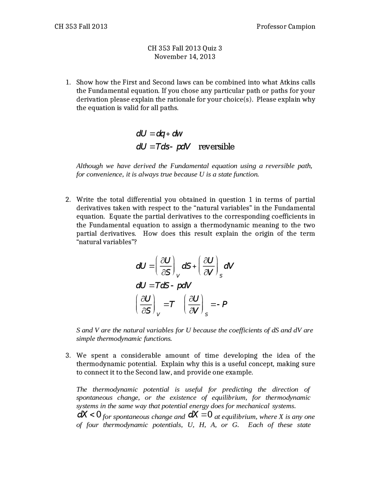 Fundamental Equation - Thermodynamics | Physical Chemistry I | CH 353 ...