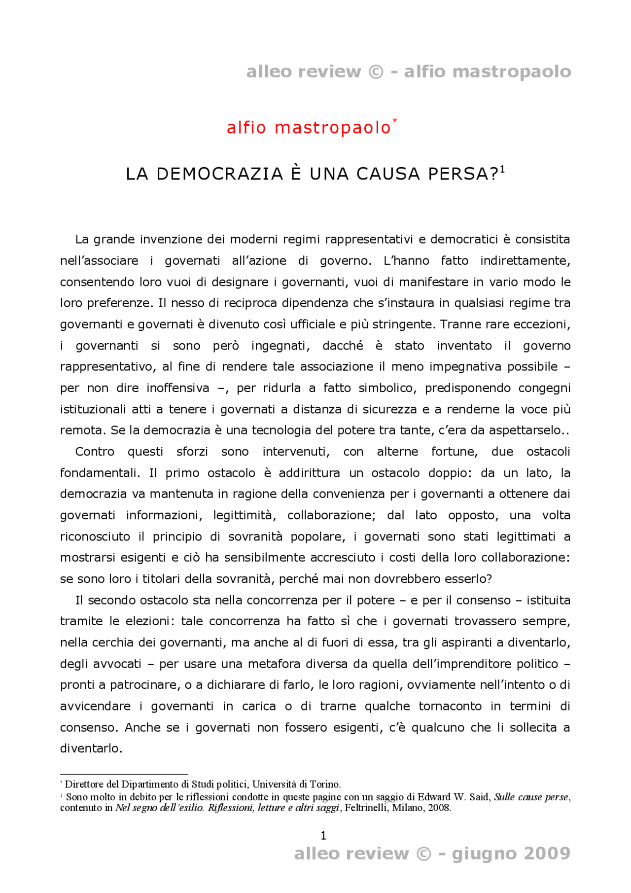 Riassunto La Democrazia è Una Causa Persa Alfio Mastropaolo Docsity
