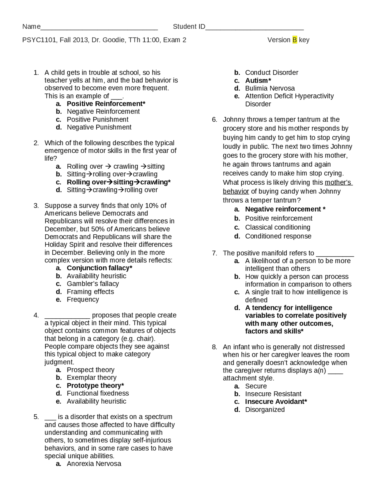 Exam 2B with Answer Key - Elementary Psychology | PSYC 1101 - Docsity