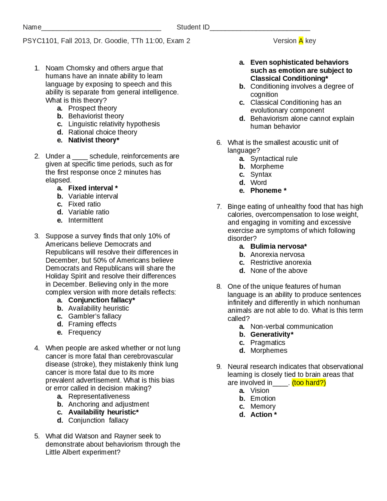 60 MCQs for Exam 2 - Elementary Psychology | PSYC 1101 - Docsity