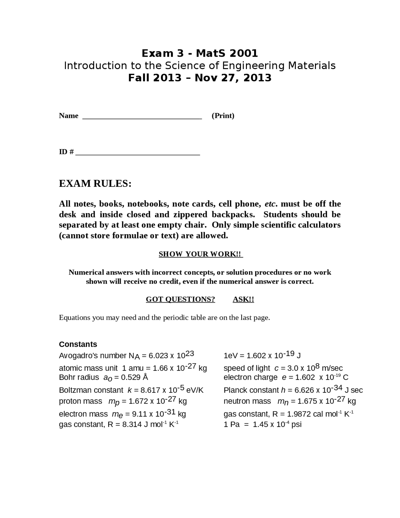 Final Exam Of Introduction To The Science Of Engineering Materials