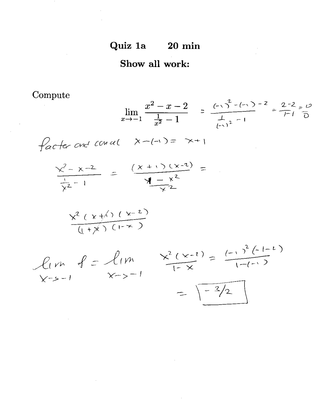 Quiz 1a With Answers Differential And Integral Calculus M 408c