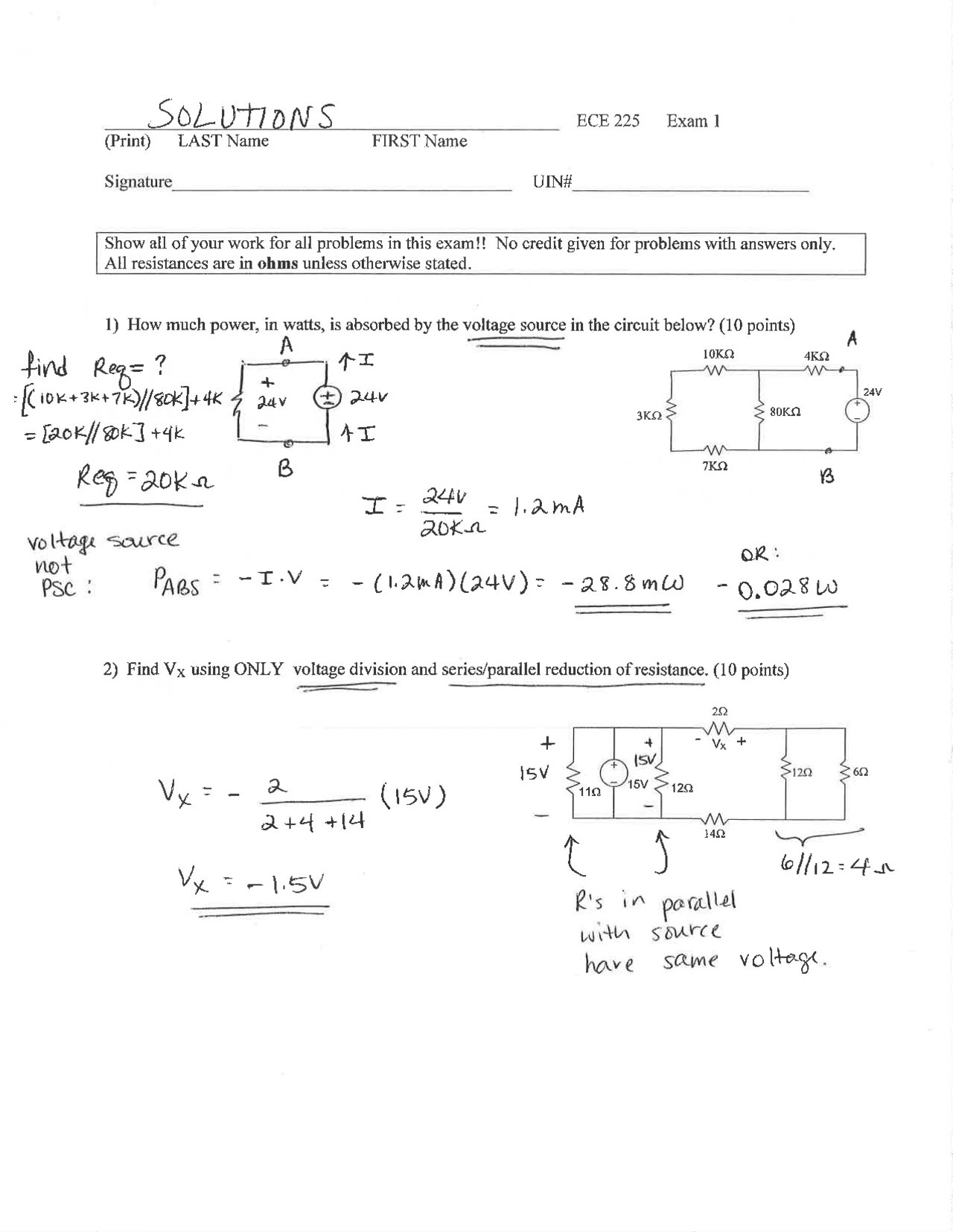 Exam 1 Solutions Circuit Analysis Ece 225 Docsity