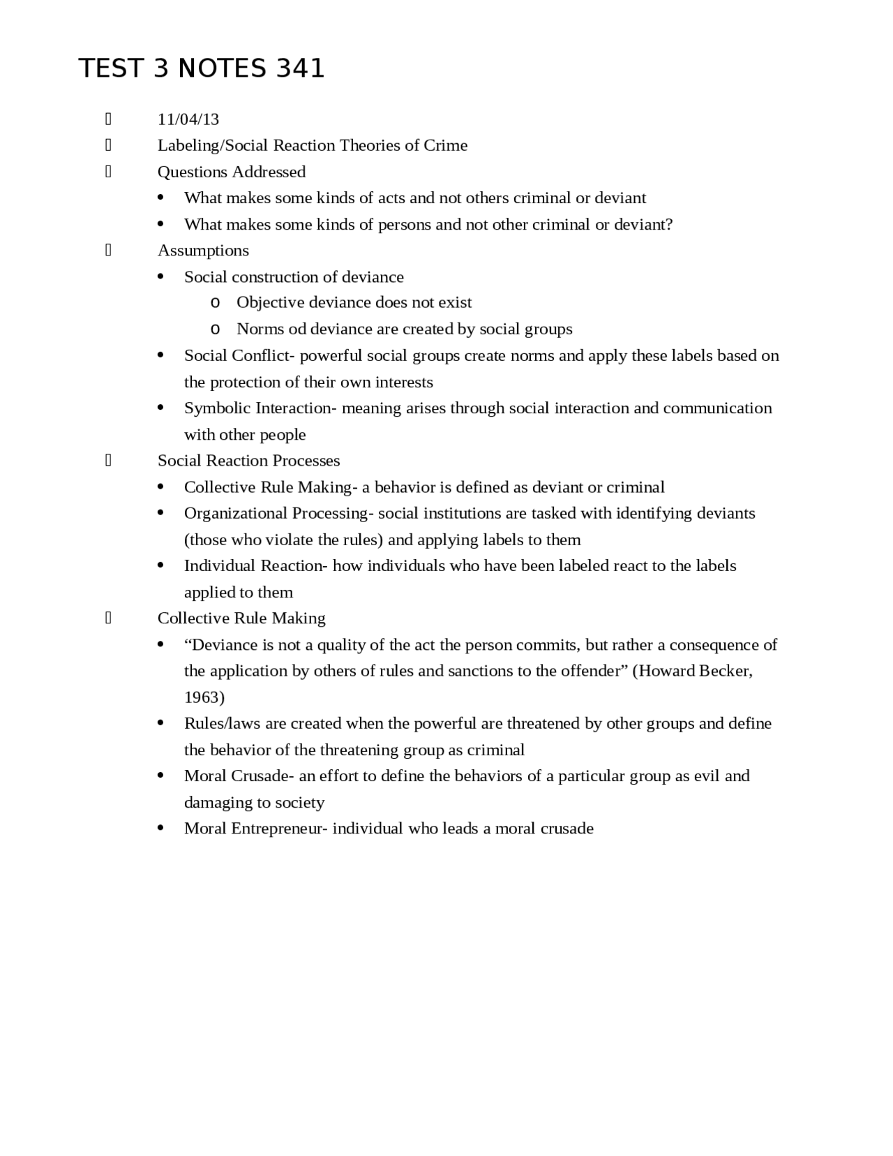 Sociology of Crime - Notes for Test 3 | CRJU 341 - Docsity