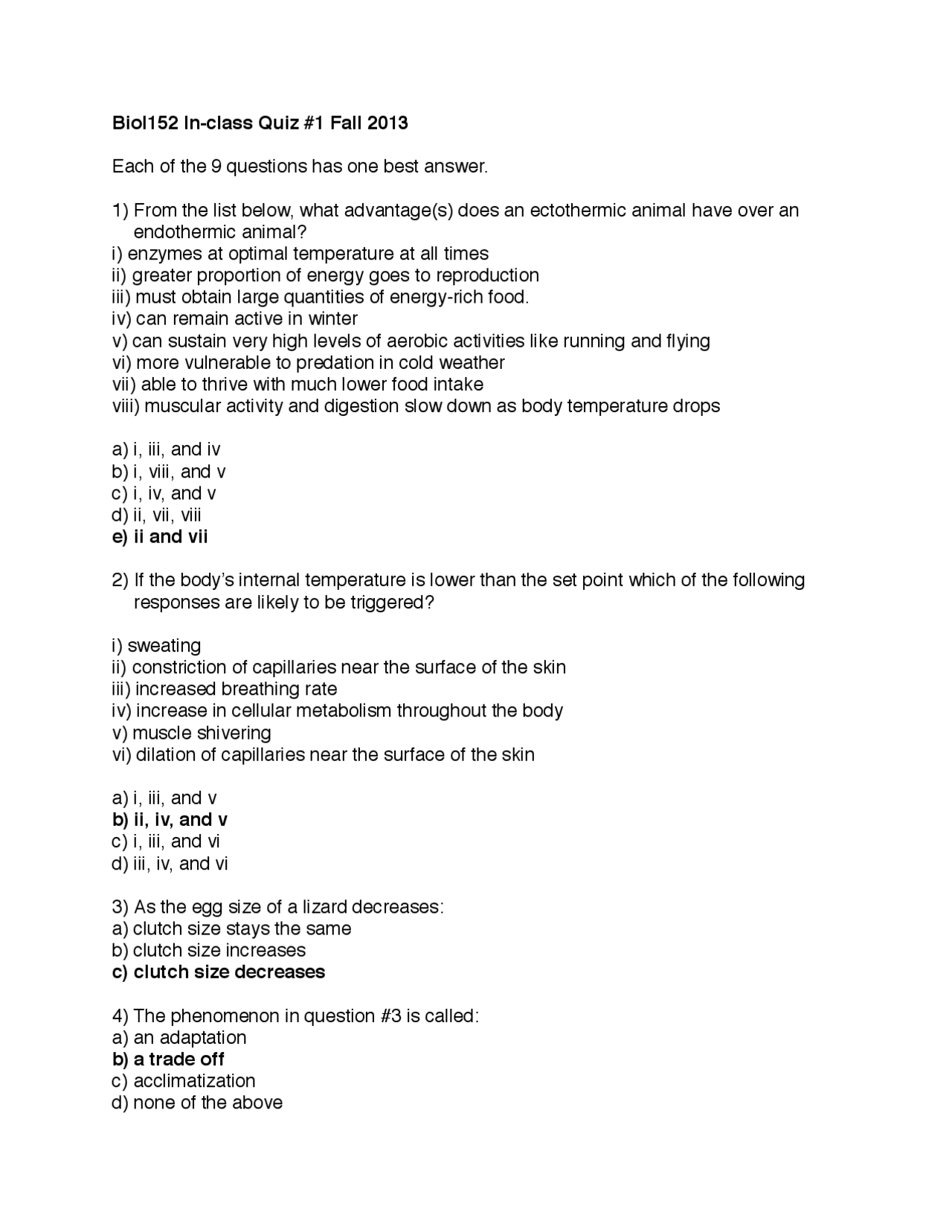 Quiz 1 With Answer Key Introduction Biology Ii Biology 101 Docsity