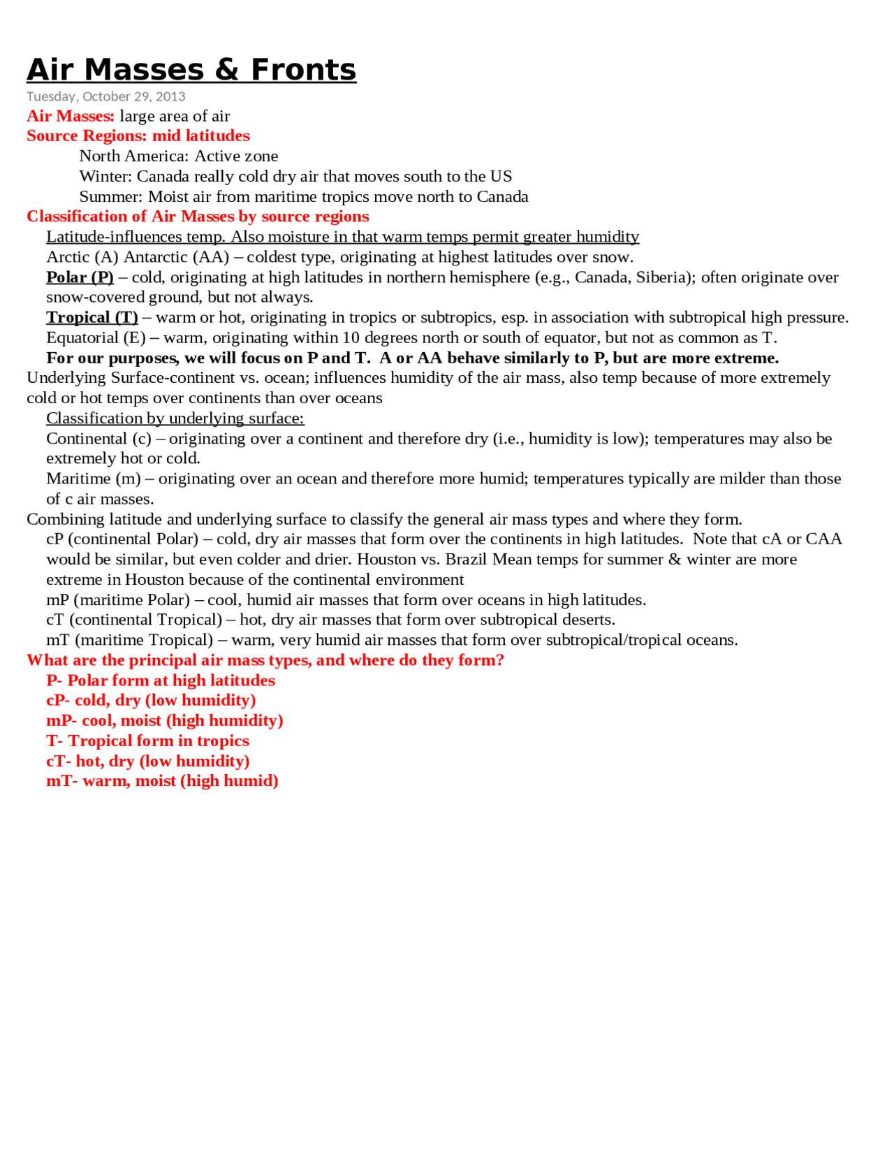 Air Masses And Fronts Lecture Notes Geog 203 Docsity